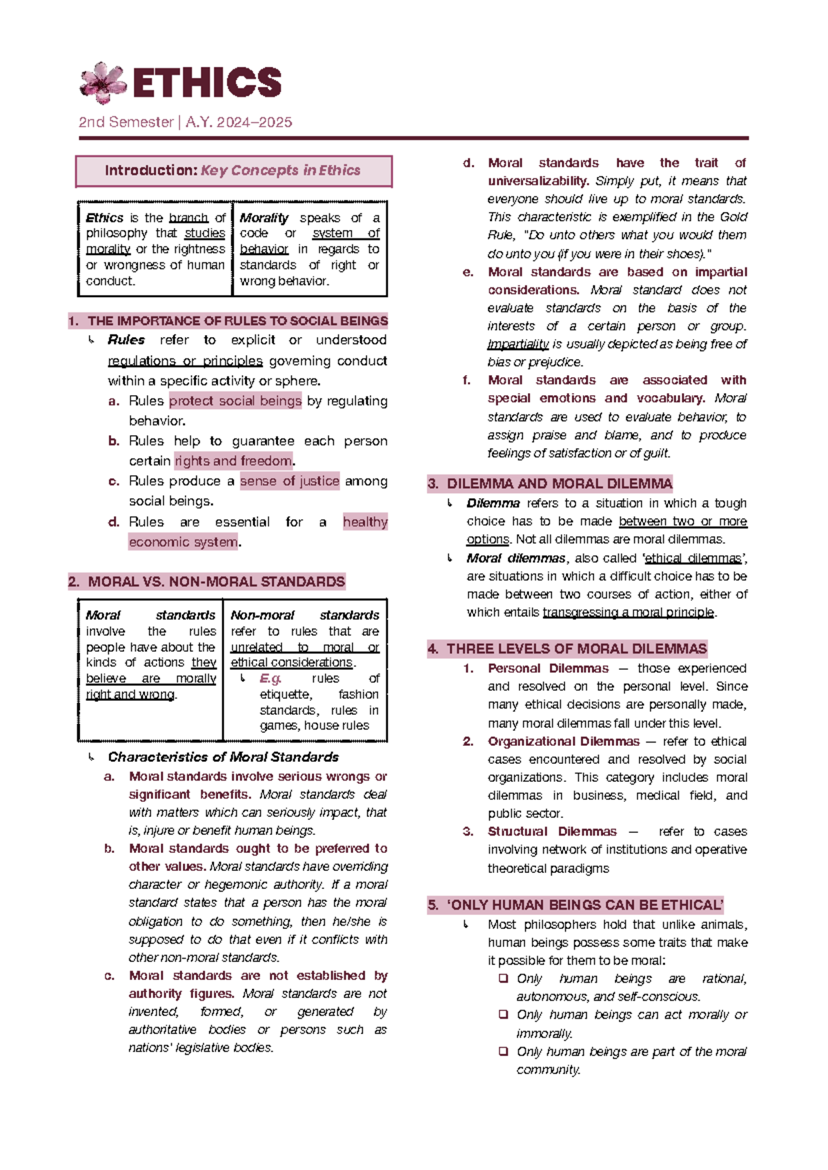Ethics 2nd Semester A.Y. introduction to key concepts and moral ...