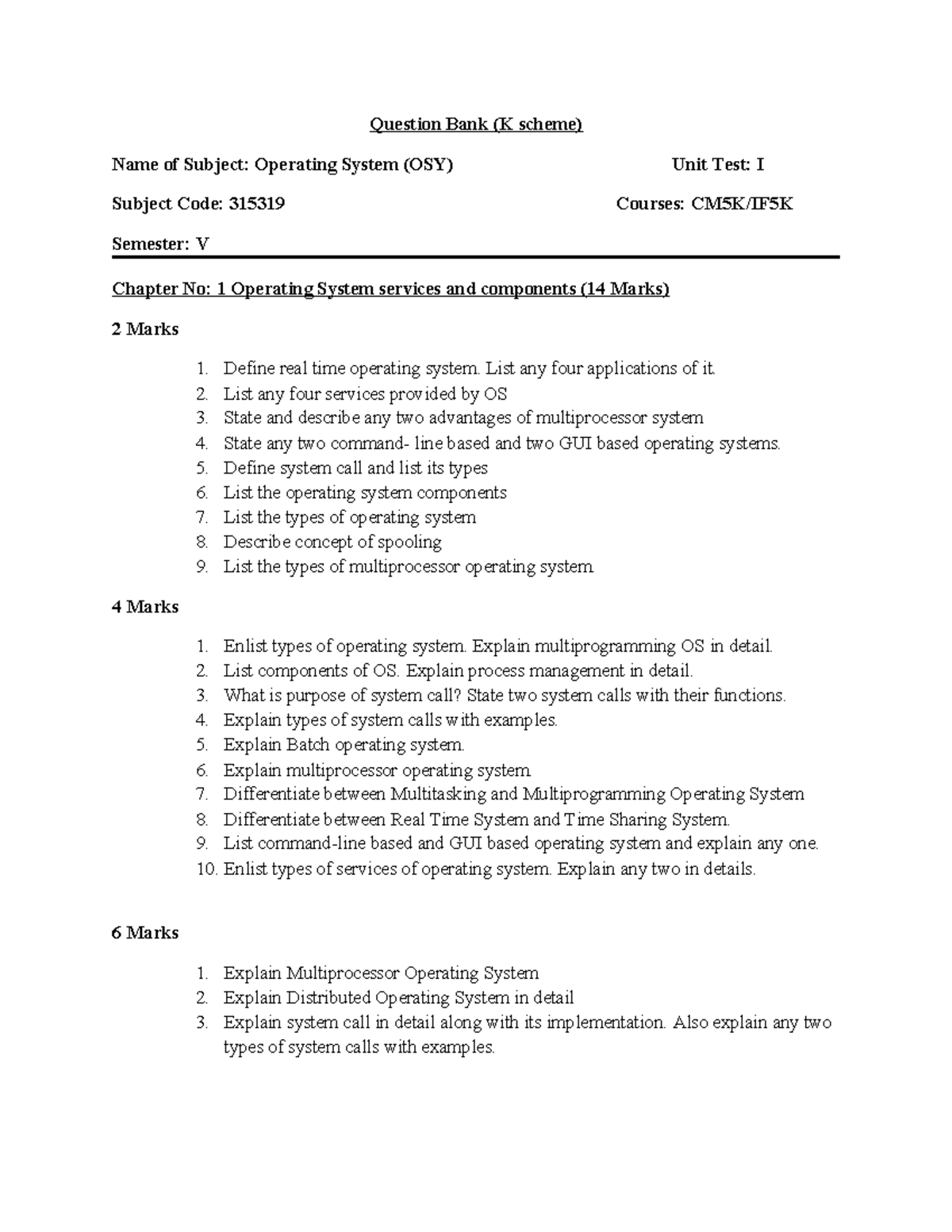 OSY Question Bank I: Operating System Concepts and Process Management ...