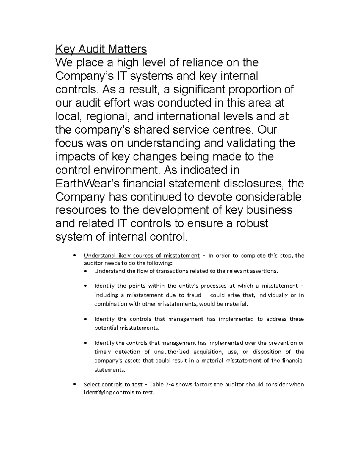 Key Audit Matters: IT Controls & Misstatement Risks (Course Code: 7 ...