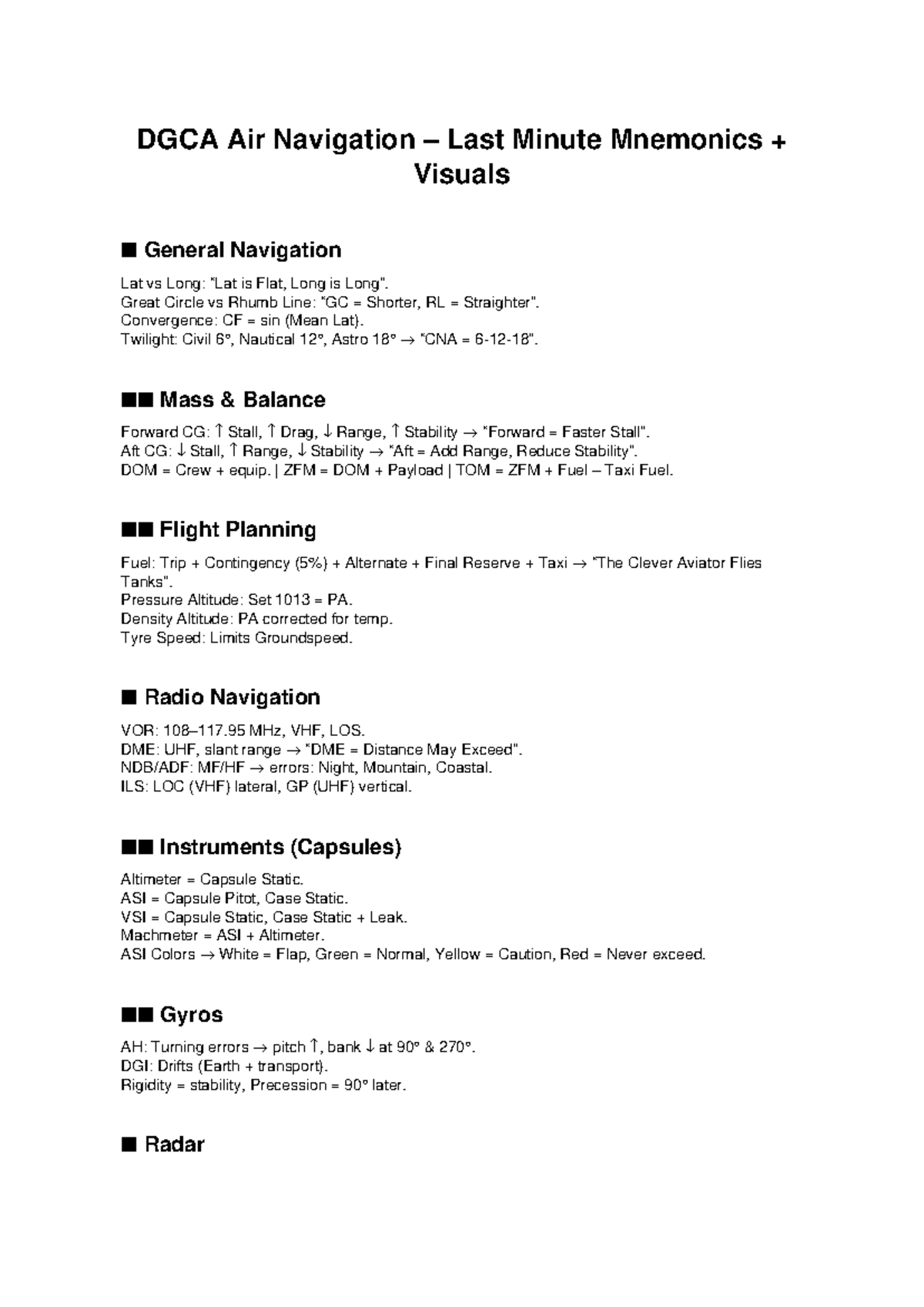 DGCA Nav Mnemonics: Key Concepts for Air Navigation - Studocu
