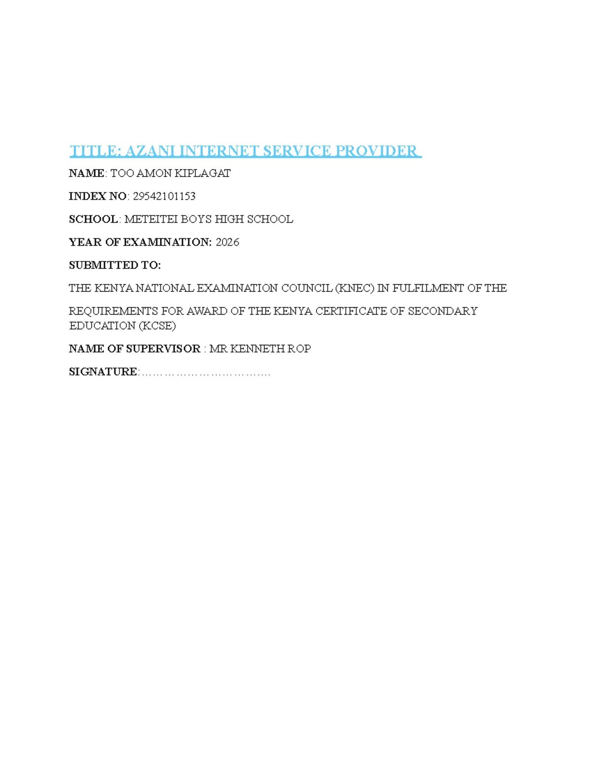 Azani ISP Project Report: KCSE 2026 Computer Studies - Studocu