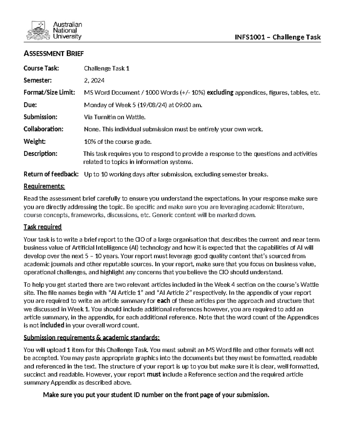 INFS1001 2024 S2 Challenge Task 1: AI Business Value Report - Studocu
