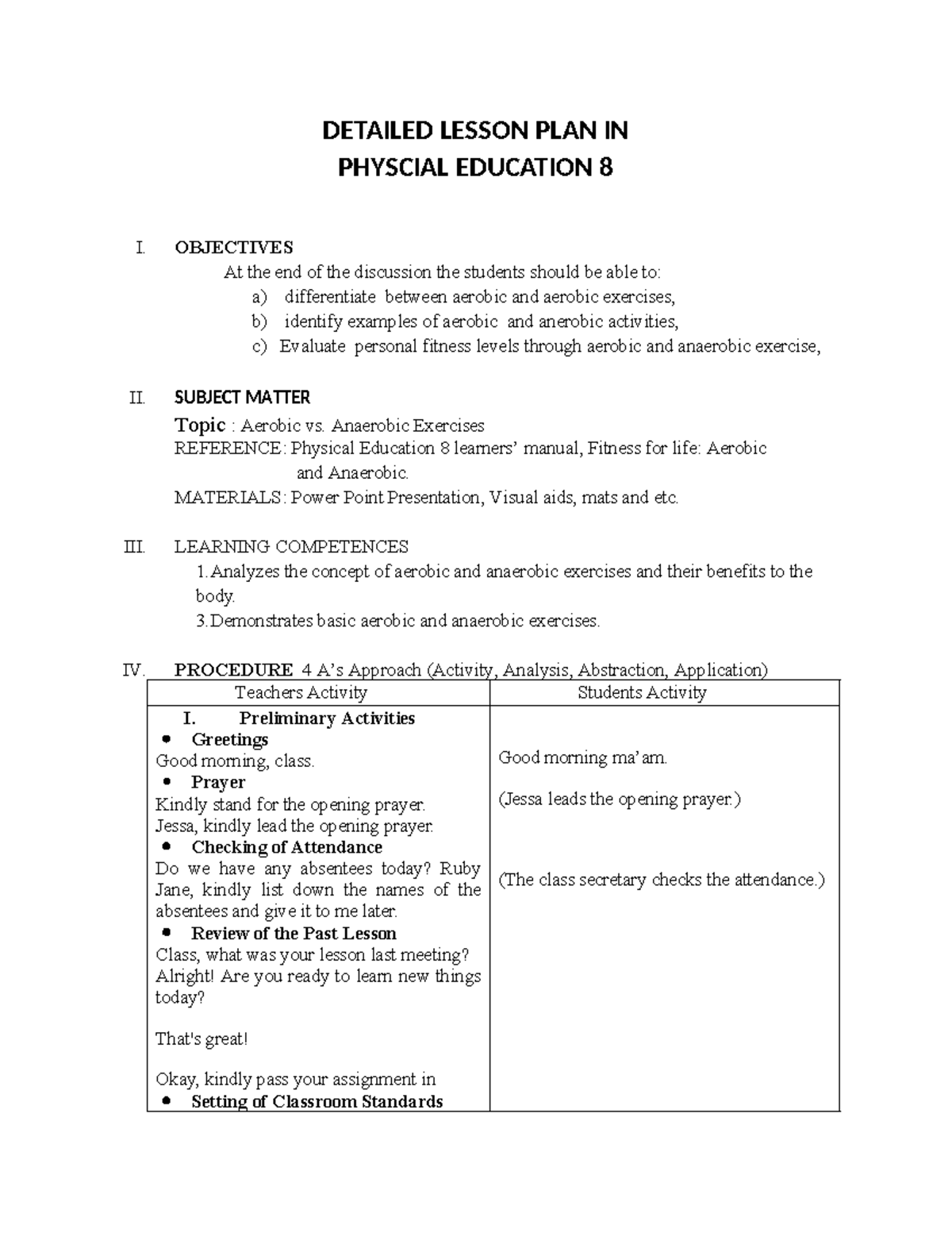 Detailed Lesson Plan in Physical Education 8: Aerobic vs. Anaerobic ...