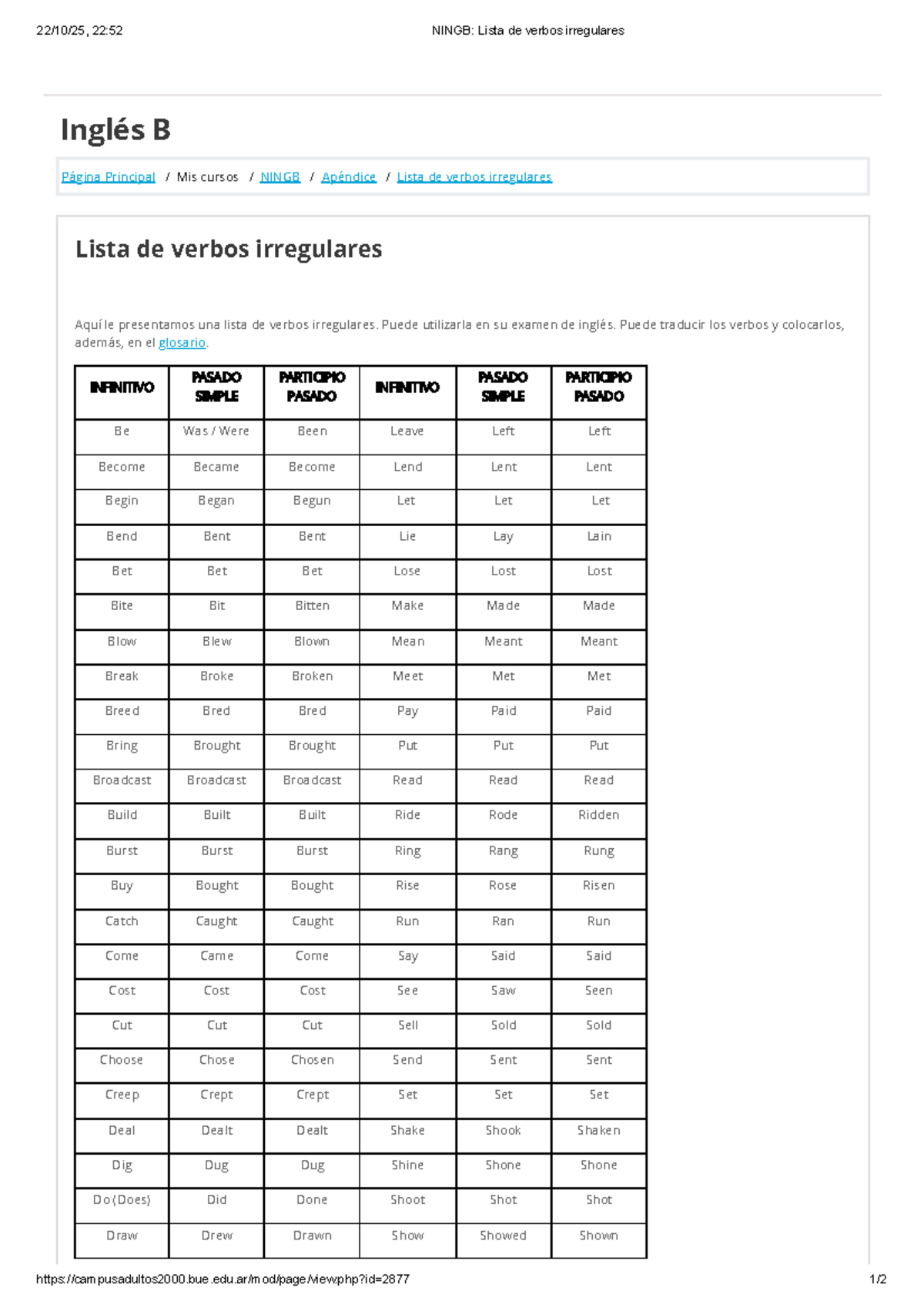 22:52 NINGB: Lista de Verbos Irregulares en Inglés para Examen - Studocu
