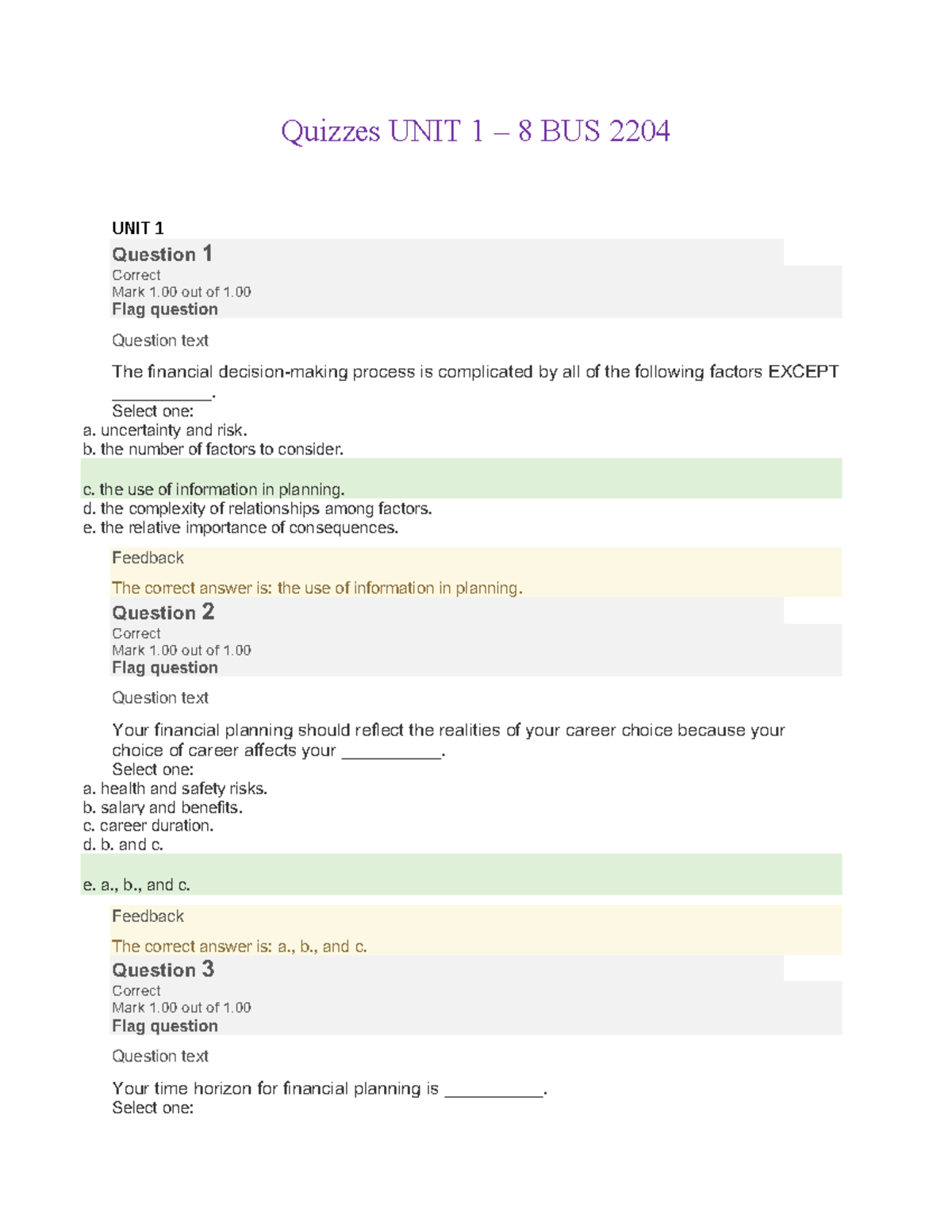 Quizzes Compilation UNIT 1 - 8 for BUS 2204 Students - Studocu
