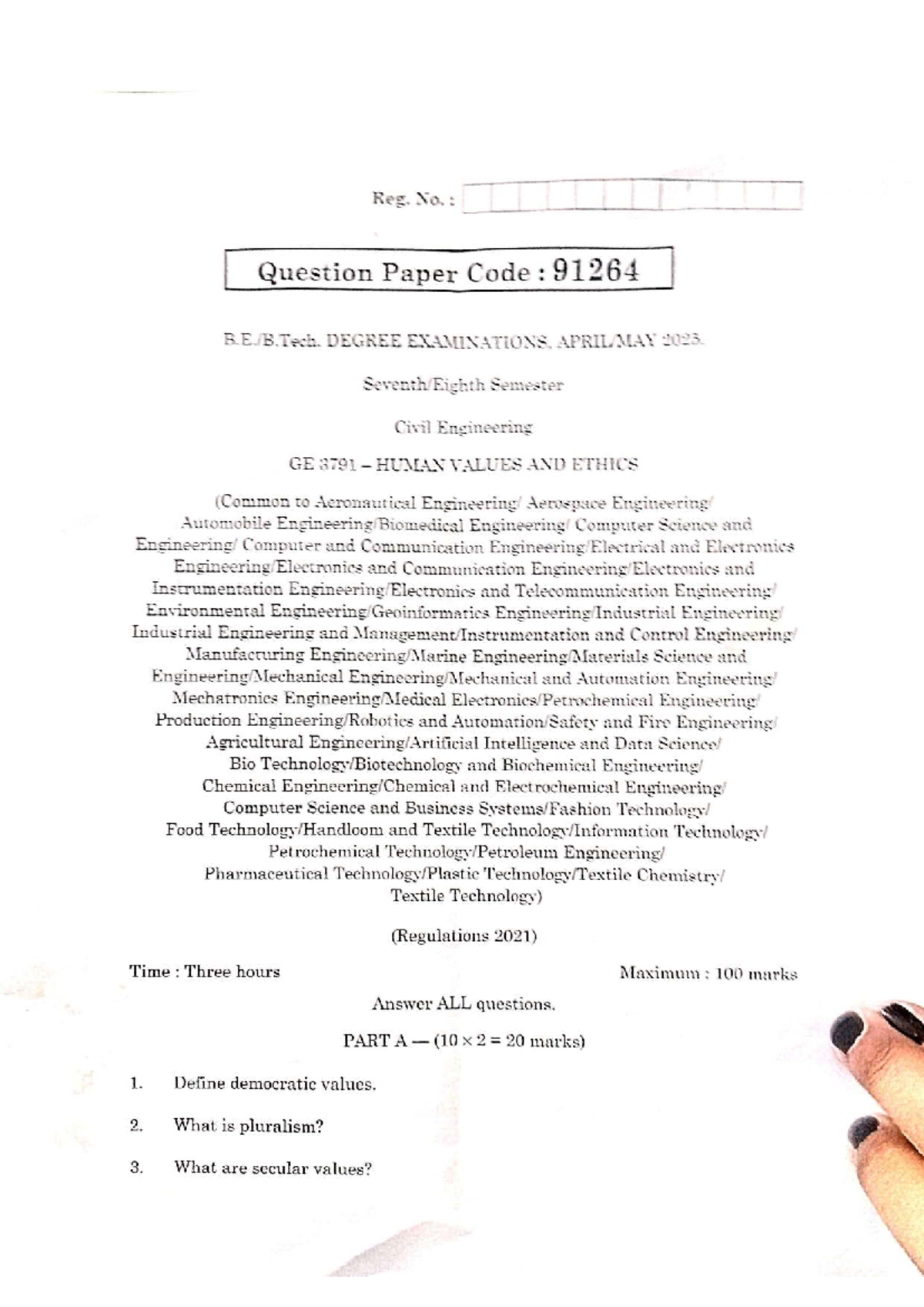 GE 3791 Human Values and Ethics - Exam Question Paper 91264 - Studocu