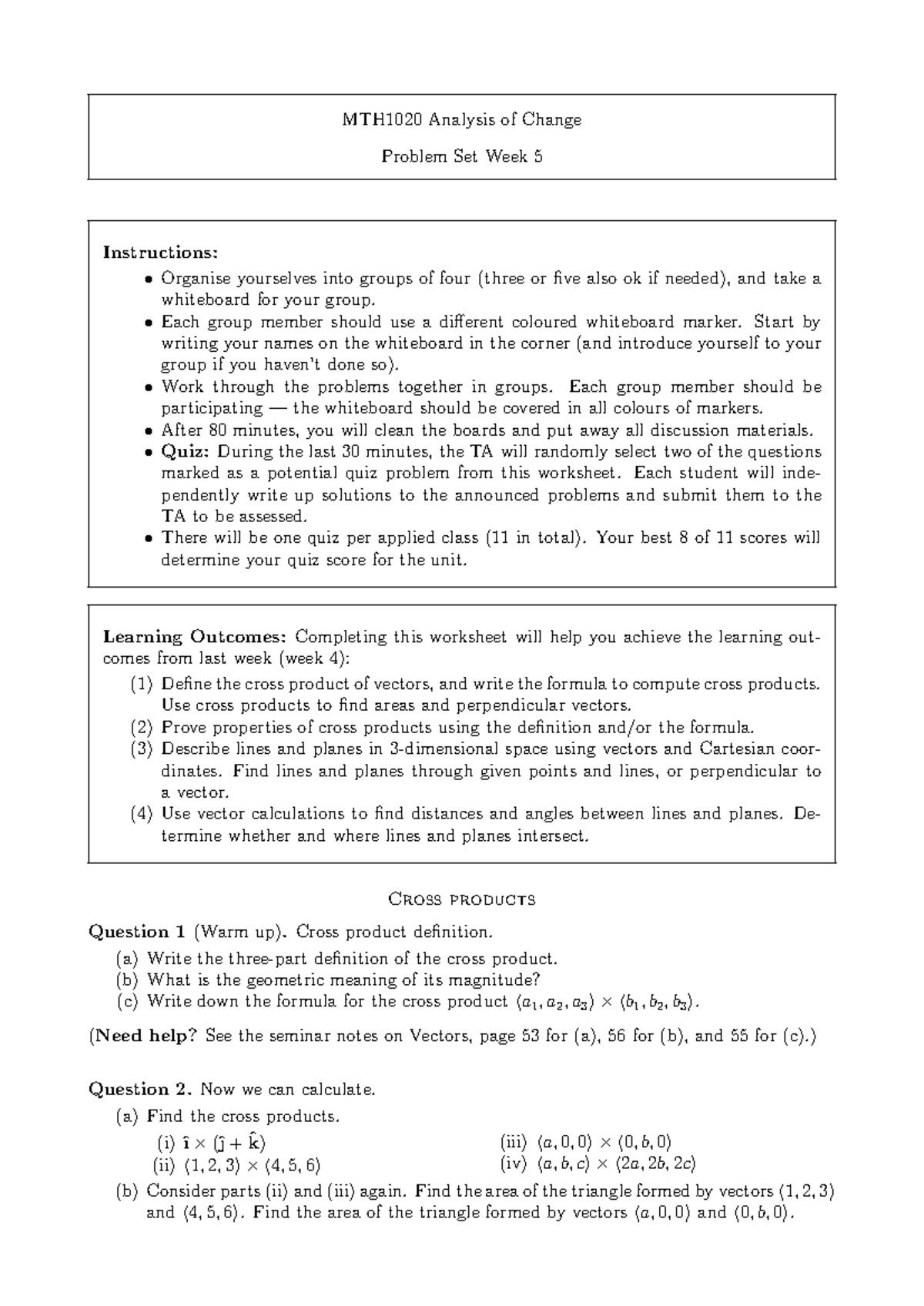 MTH1020 Problem Set Week 5: Cross Products & Vector Calculations - Studocu