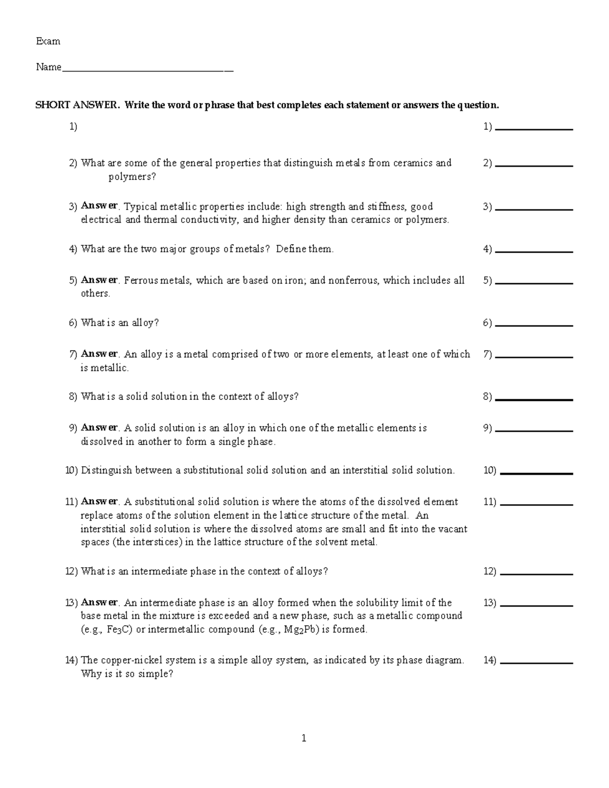 Materials Science 101: Exam Short Answer Questions - Studocu