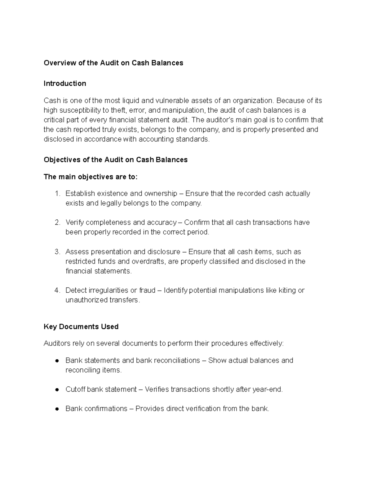 Audit of Cash Balances: Key Procedures and Objectives - Studocu