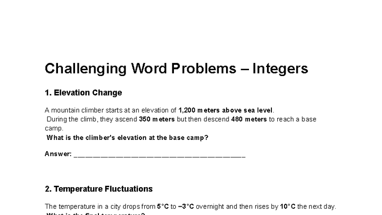 Challenging Word Problems – Integers (Math 101) - Studocu
