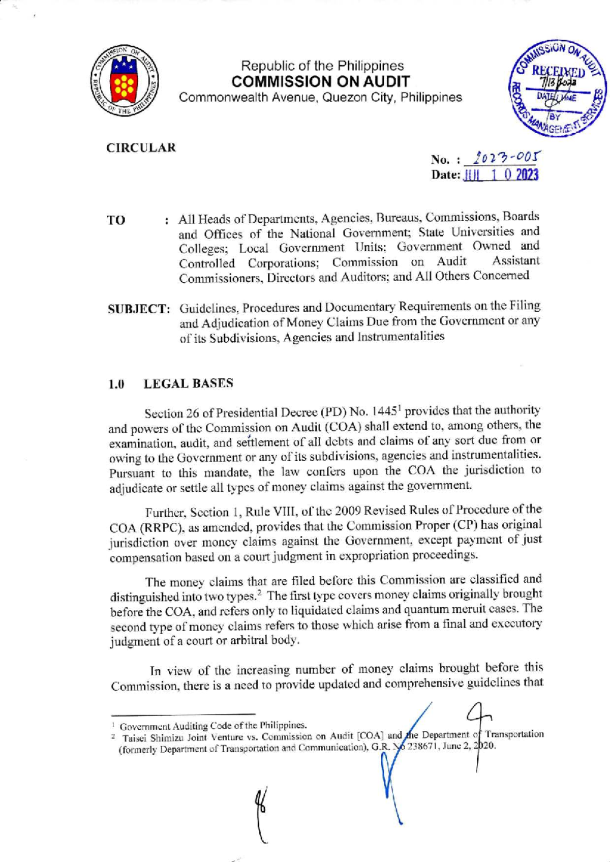 COA Circular No. 2023-005: Updated Guidelines on Money Claims - Studocu