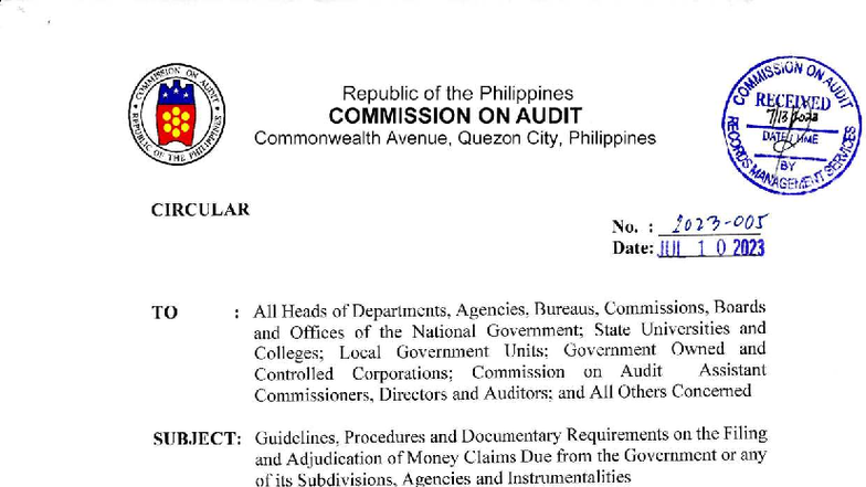COA Circular No. 2023-005: Updated Guidelines on Money Claims - Studocu