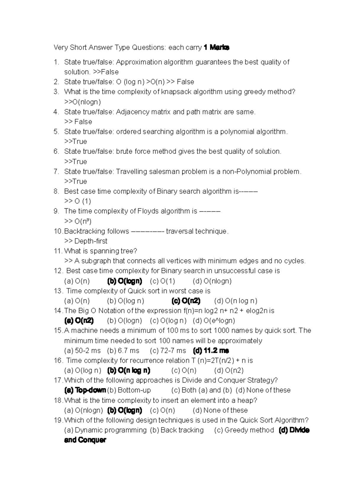 Suggestive Questions for DAA Course - Final Exam Preparation - Studocu