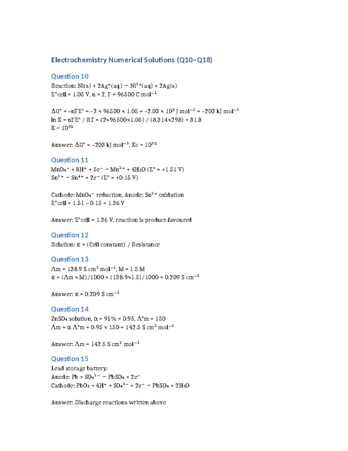 Electrochemistry Numerical Solutions Q10-Q18 (Course Code) - Studocu