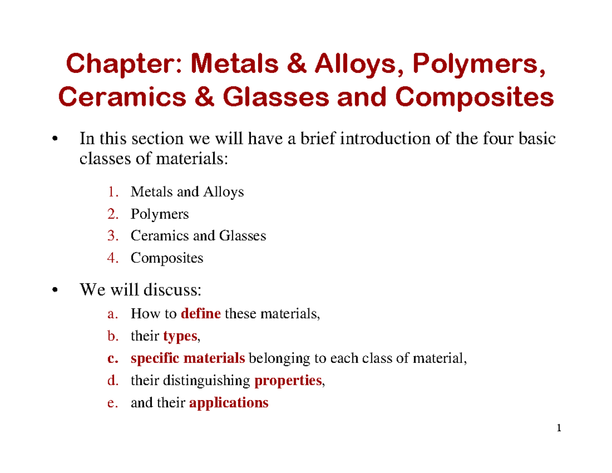 Metallurgy - Chapter 1: Introduction to Metals, Alloys & Polymers - Studocu