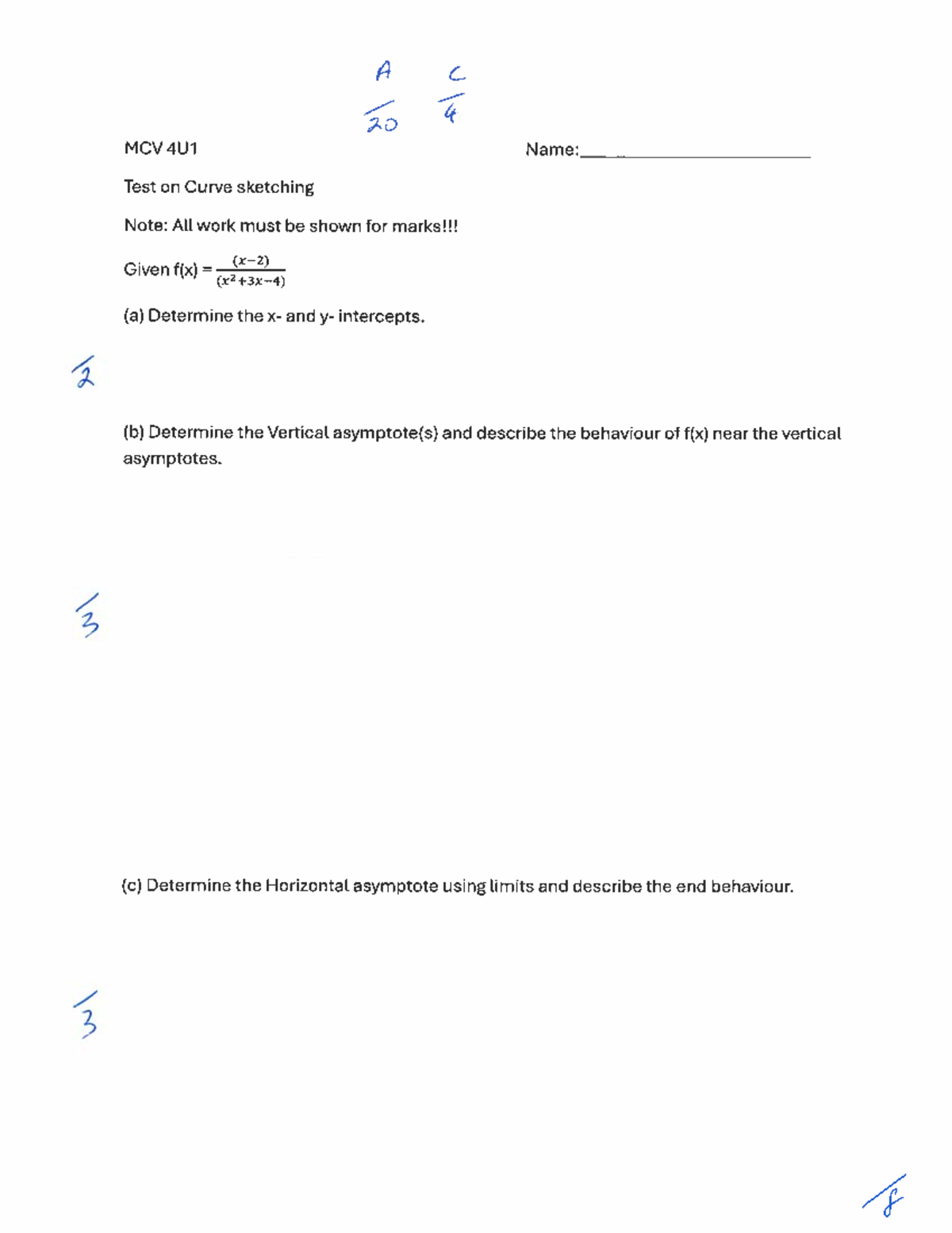 MCV 4U1 Test on Curve Sketching - Night School 2025 - Studocu