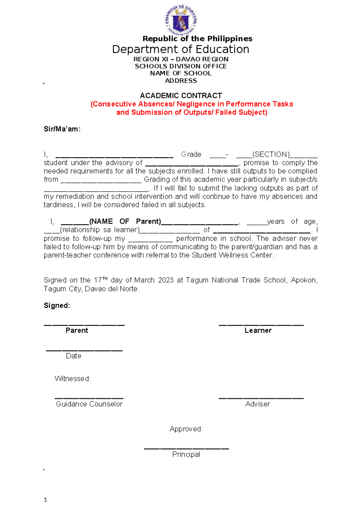 Academic Contract for Grade Students - Davao Region Schools - Studocu