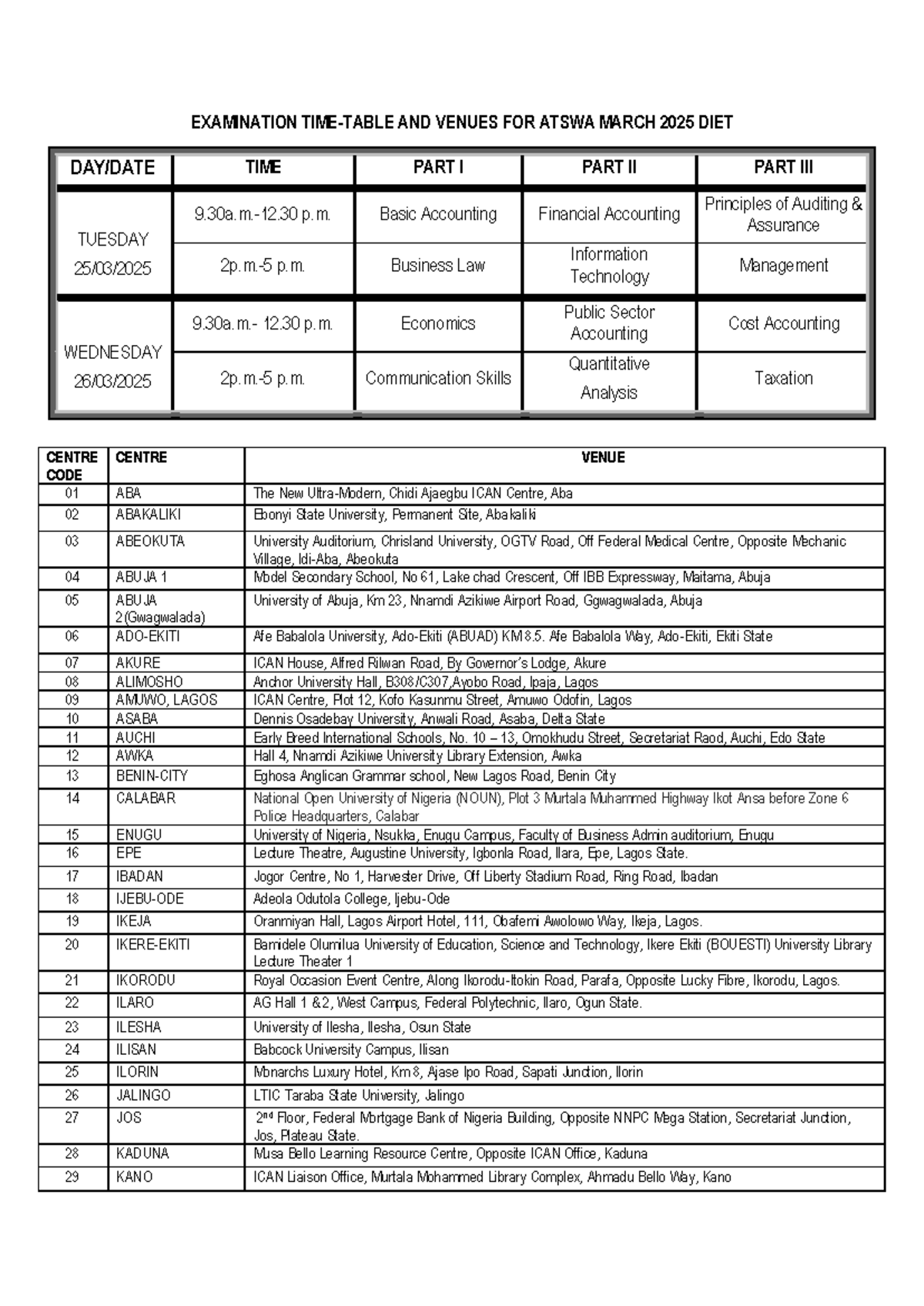 ATSWA March 2025 Exam Timetable and Venues Explanation - Studocu