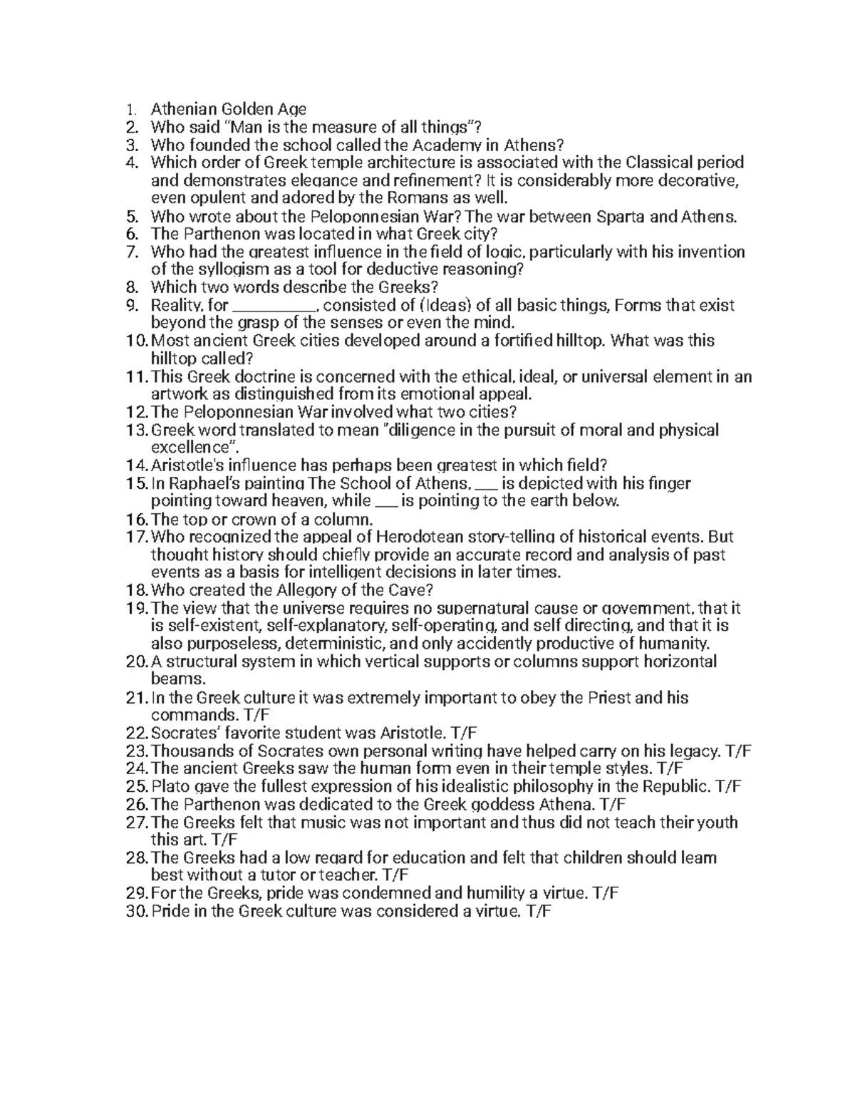 Quiz Greek Philosophy and Humanist Legacy - Athenian Golden Age Who ...