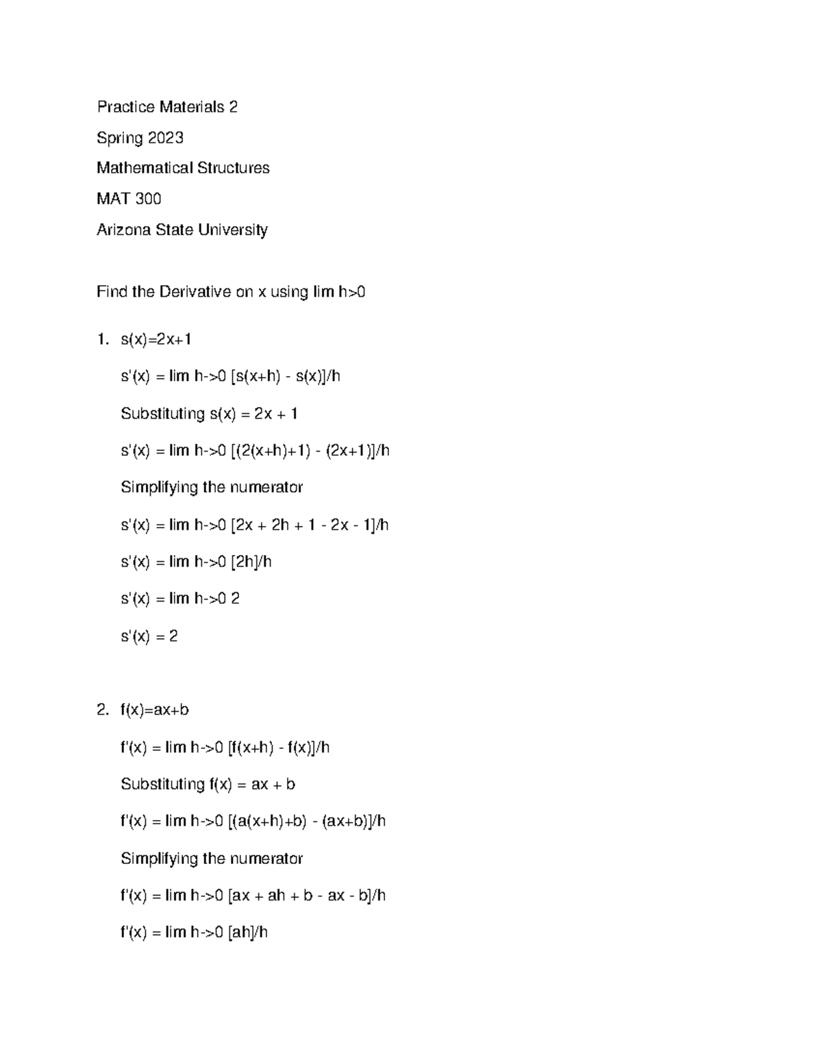 MAT 300: Derivative Practice using Limits - Spring 2023 Materials - Studocu