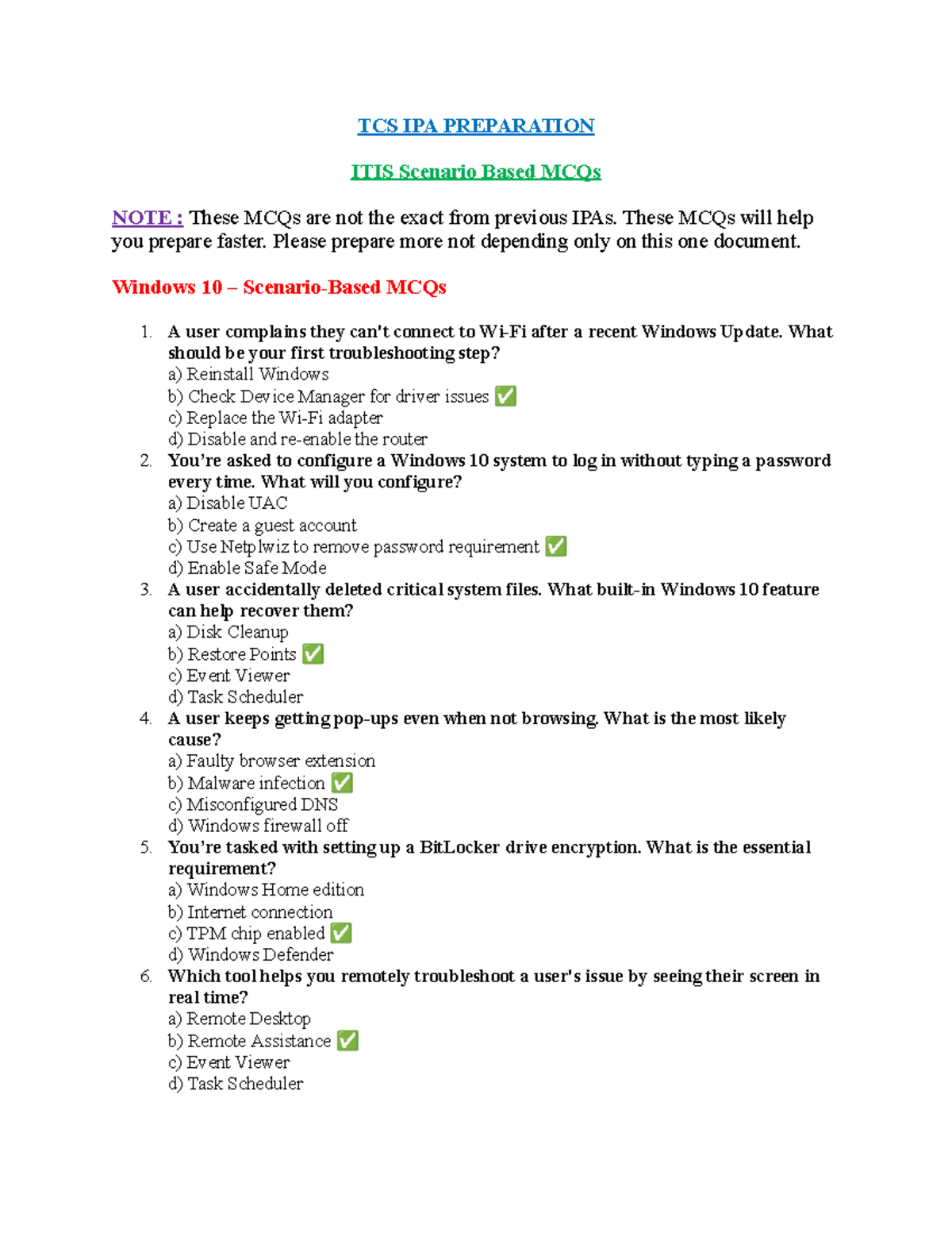 TCS IPA Preparation ITIS Scenario-Based MCQs for Windows & Networking ...