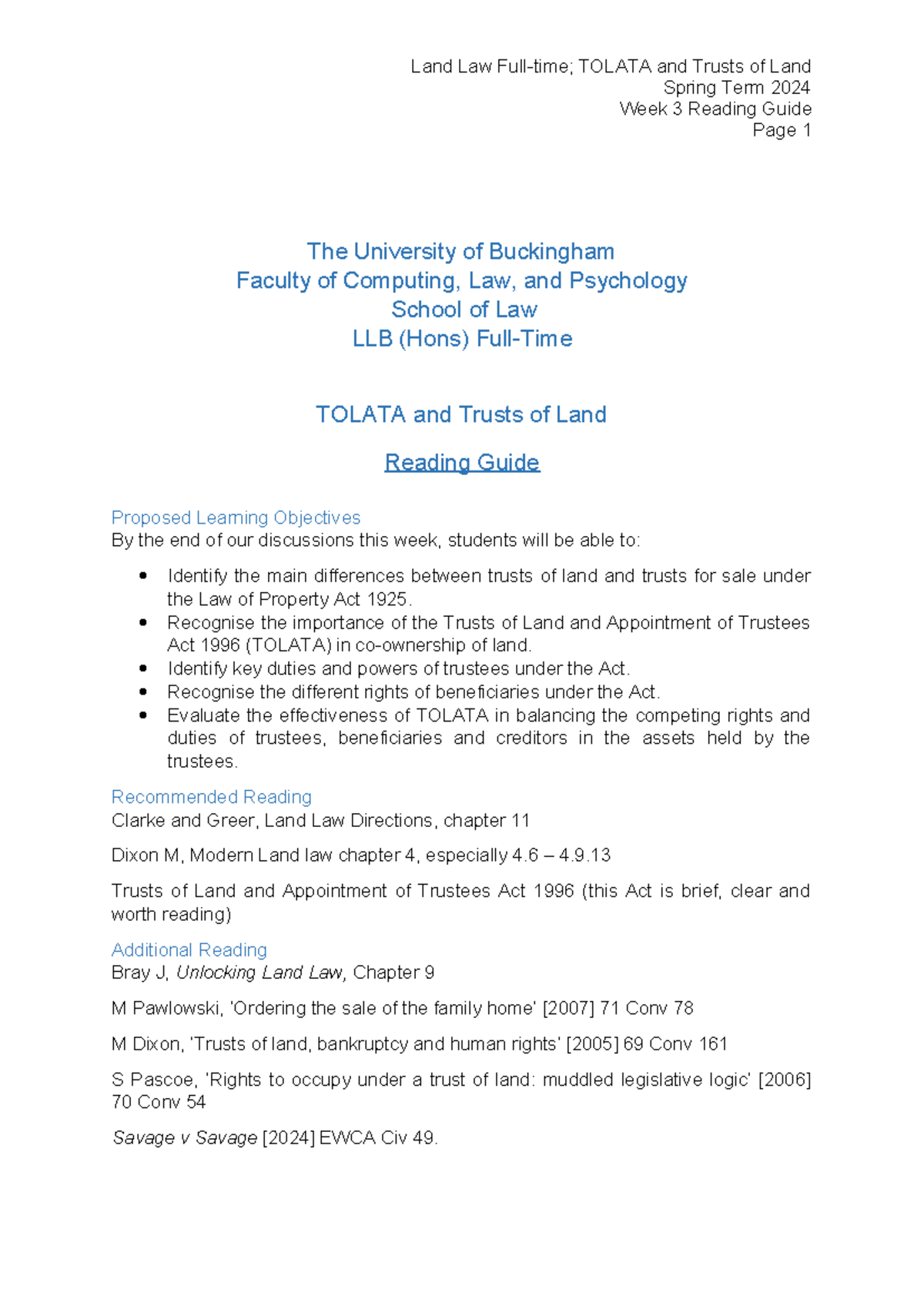 2024 LLB (Hons) TOLATA Week 3 Reading Guide on Trusts of Land - Studocu
