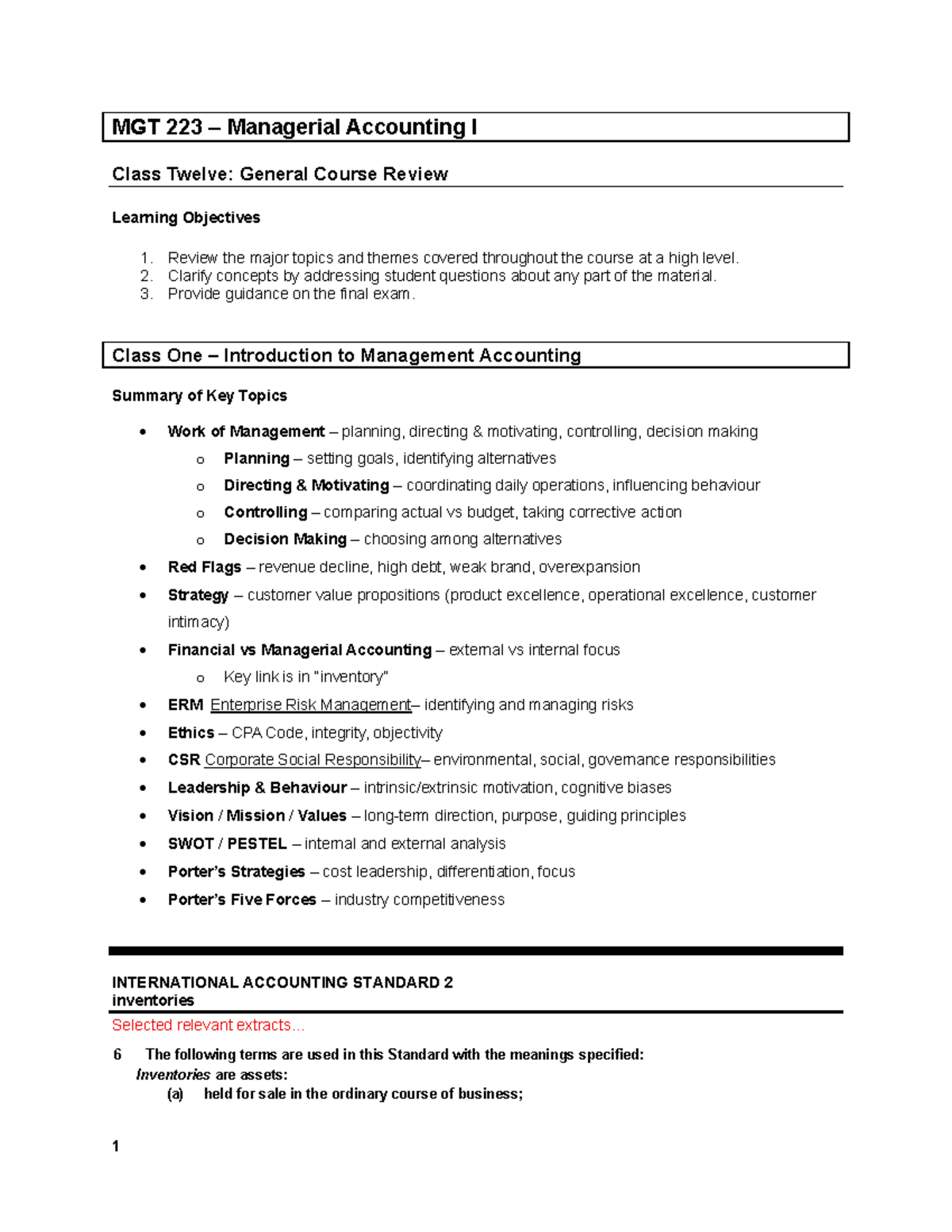 MGT 223 Managerial Accounting I Final Exam Review and Key Concepts ...