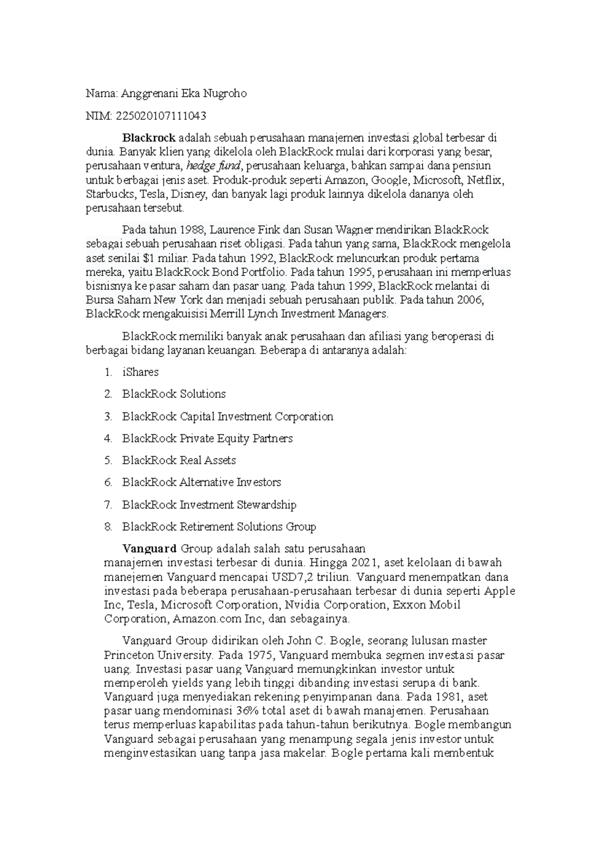 Resume Perusahaan Blackrock dan Vanguard - Nama: Anggrenani Eka Nugroho NIM: 225020107111043 ...