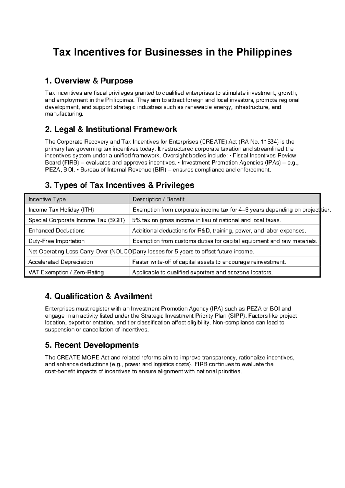 Tax Incentives for Businesses in the Philippines: An Overview - Studocu