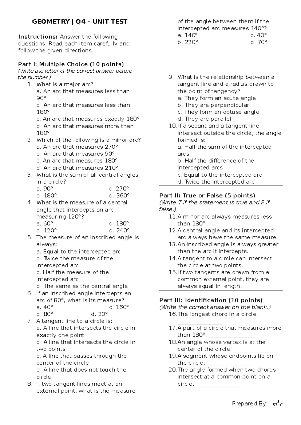 Q4 Geometry Unit Test: Angle Relationships and Arc Measures - Studocu