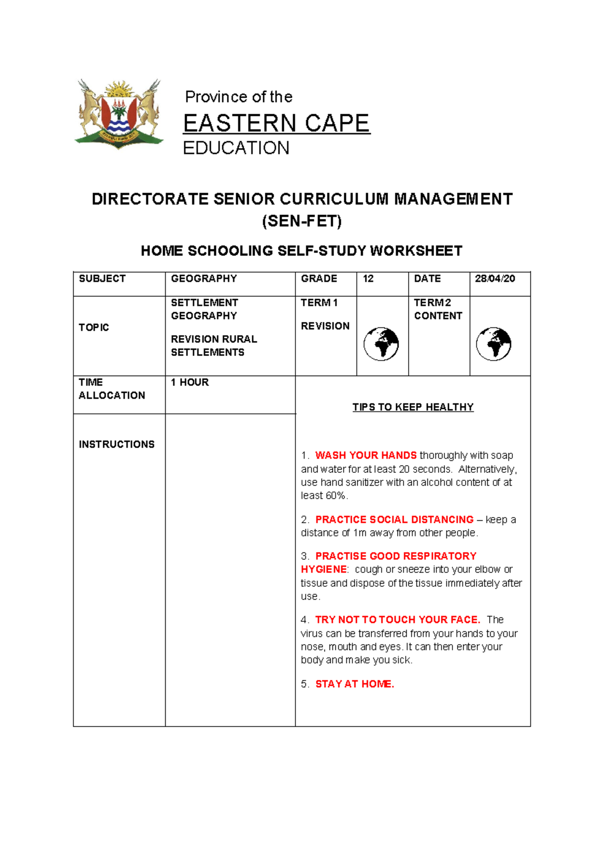 Geography Grade 12 Worksheet 2: Rural Settlements Revision Guide - Studocu