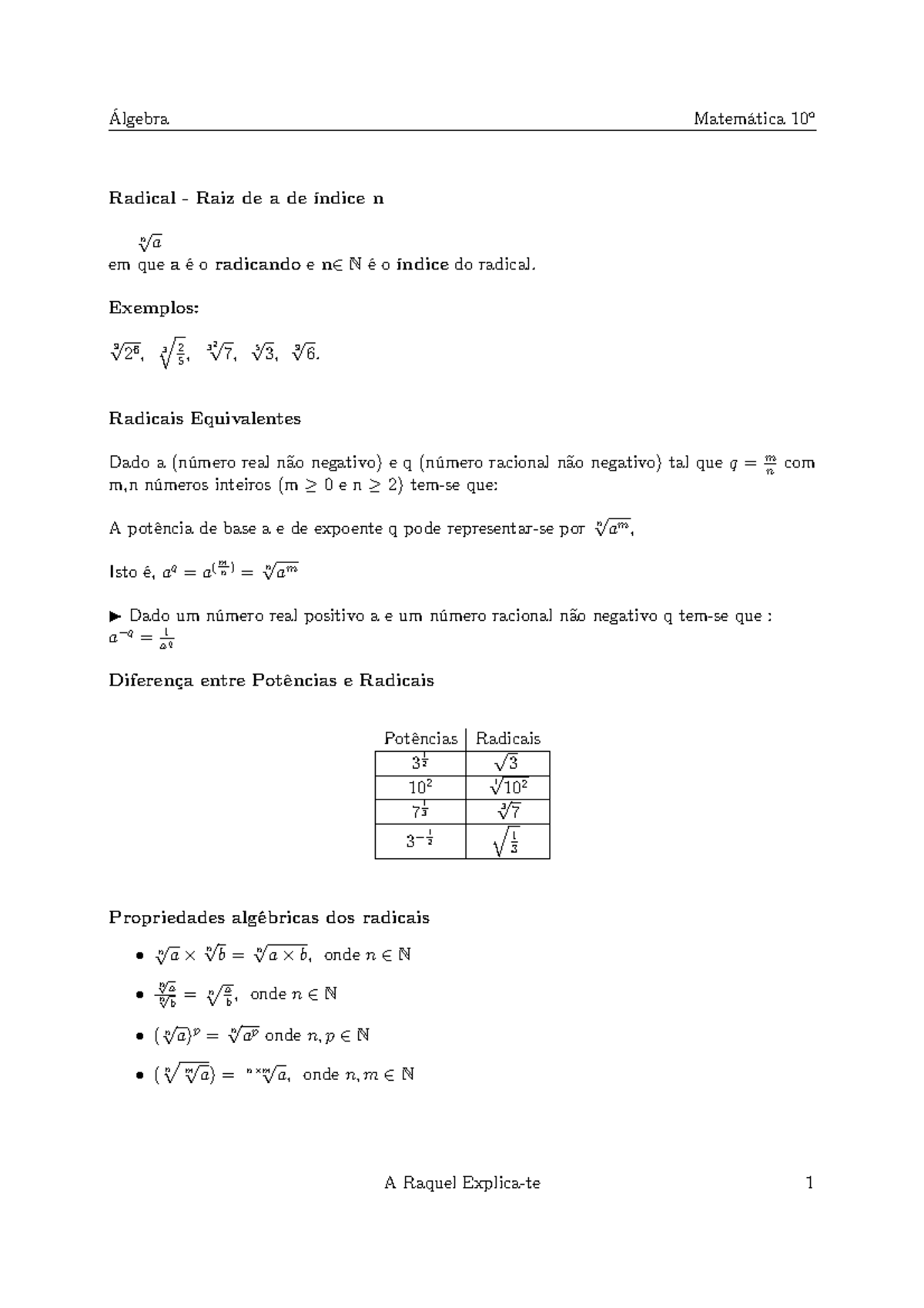 Álgebra Radical - Matemática 10º - Exemplos e Propriedades - Studocu