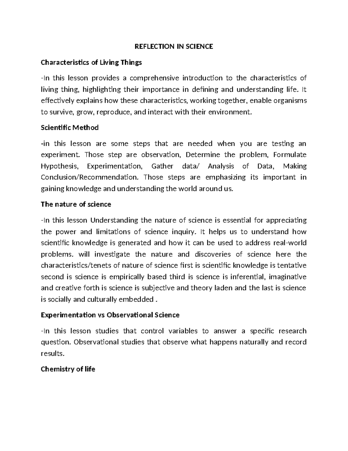 Reflection - REFLECTION IN SCIENCE Characteristics of Living Things -In ...