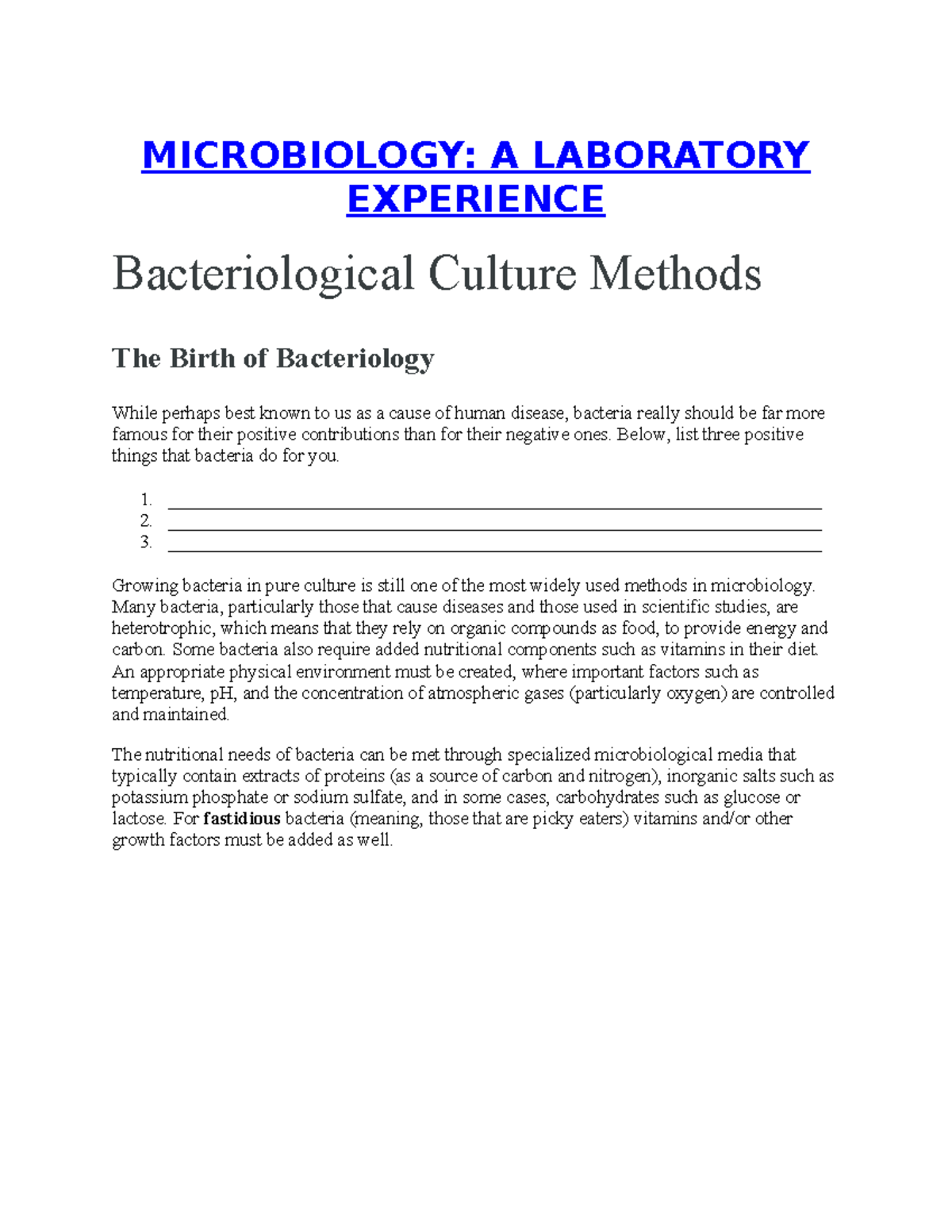 Culture bacteria - MICROBIOLOGY: A LABORATORY EXPERIENCE ...