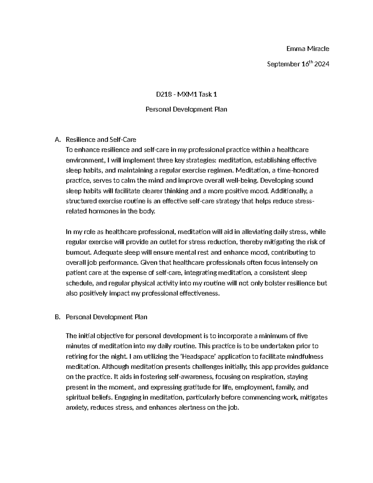 D218 Task 1 - Easy - Emma Miracle September 16th 2024 D218 - MXM1 Task ...