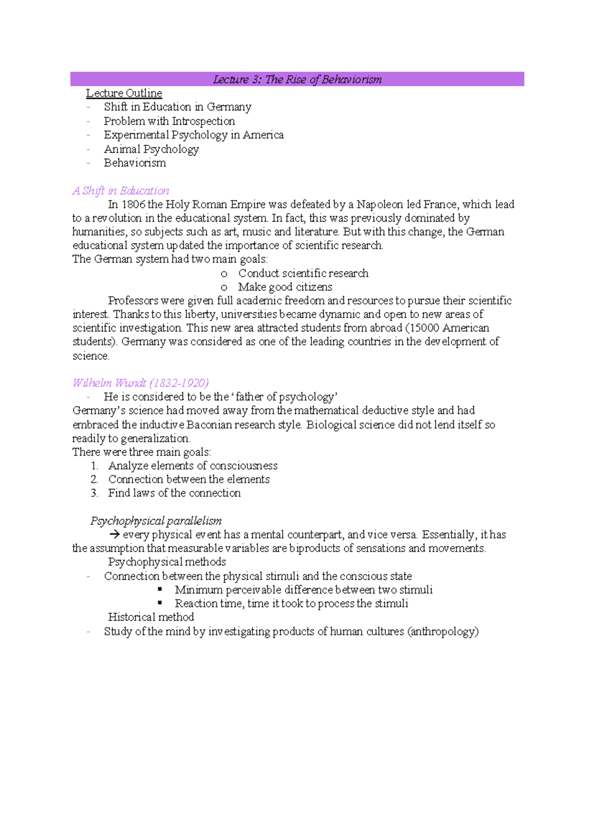 PS2080 - Lecture Notes 3: The Rise of Behaviorism Overview - Studocu
