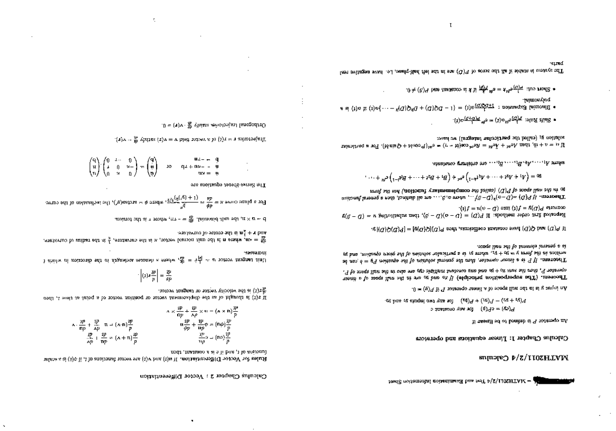 MATH2026 - Calculus Formula Sheet: Vector Differentiation & Integration ...