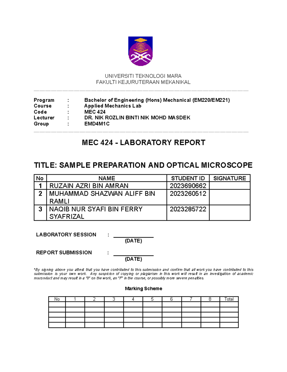 MEC 424 Lab Report: Sample Preparation & Optical Microscope Analysis ...