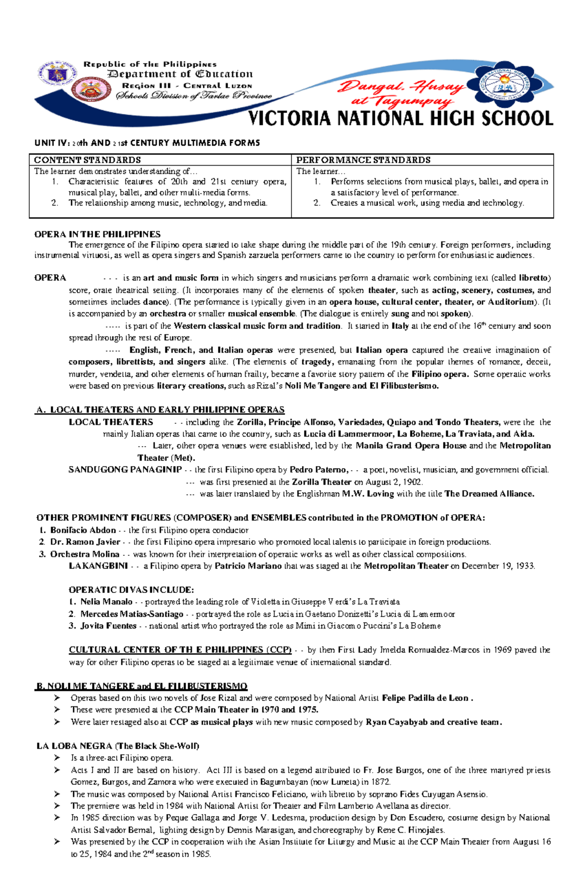 Grade 10 Music Handouts: 4th Quarter Highlights on Opera and Multimedia ...
