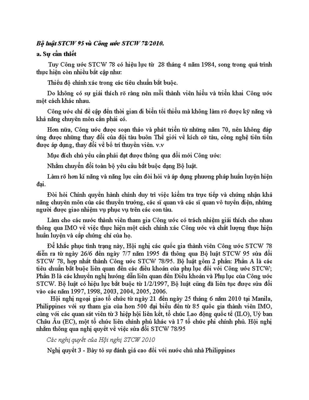 Tóm tắt bộ luật STCW 95 và công ước STCW 2010 - Studocu