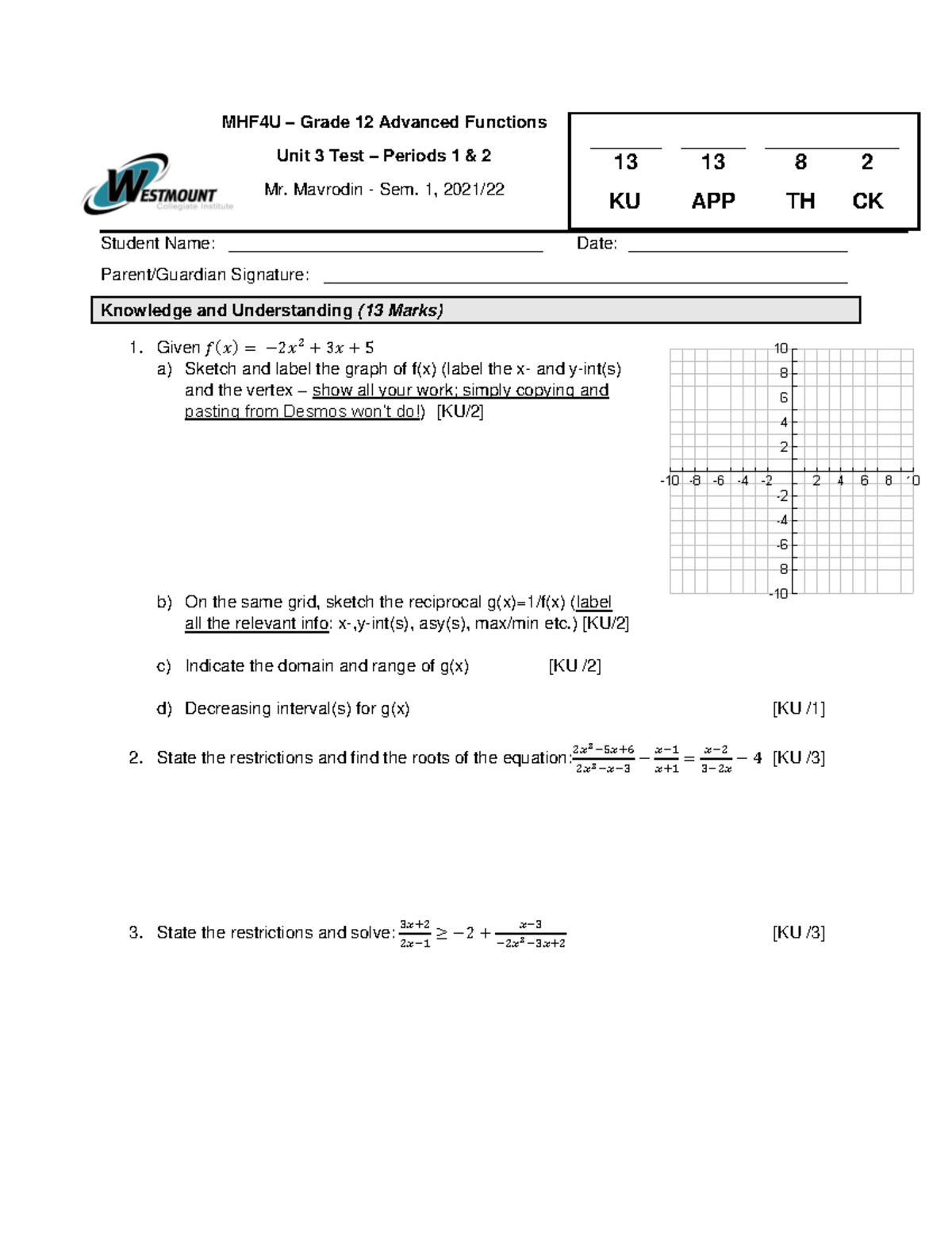Unit 3 Test - Periods 1 2 - Sem - MHF4U – Grade 12 Advanced Functions ...
