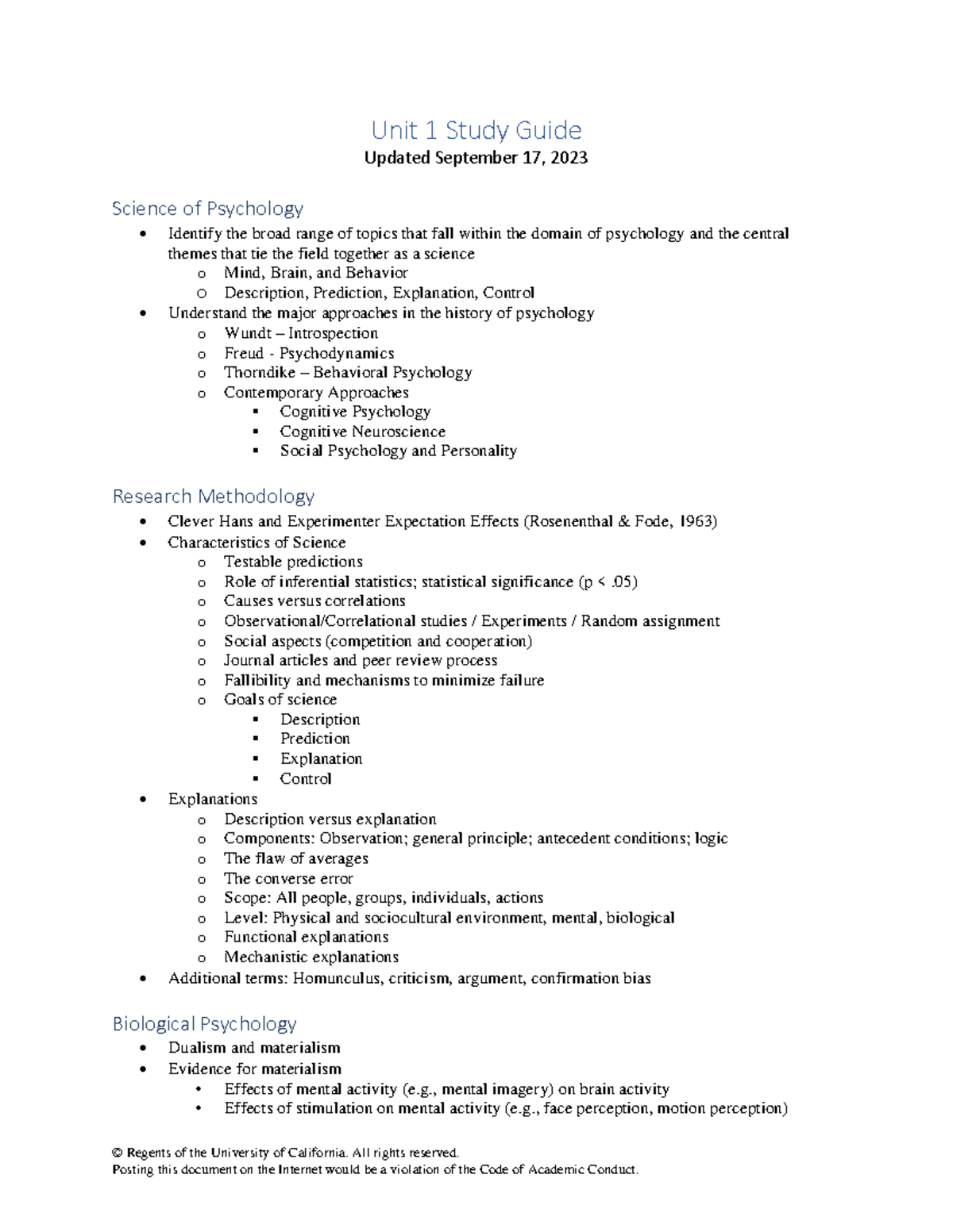 Unit 1 Study Guide: Science of Psychology & Research Methods - Studocu