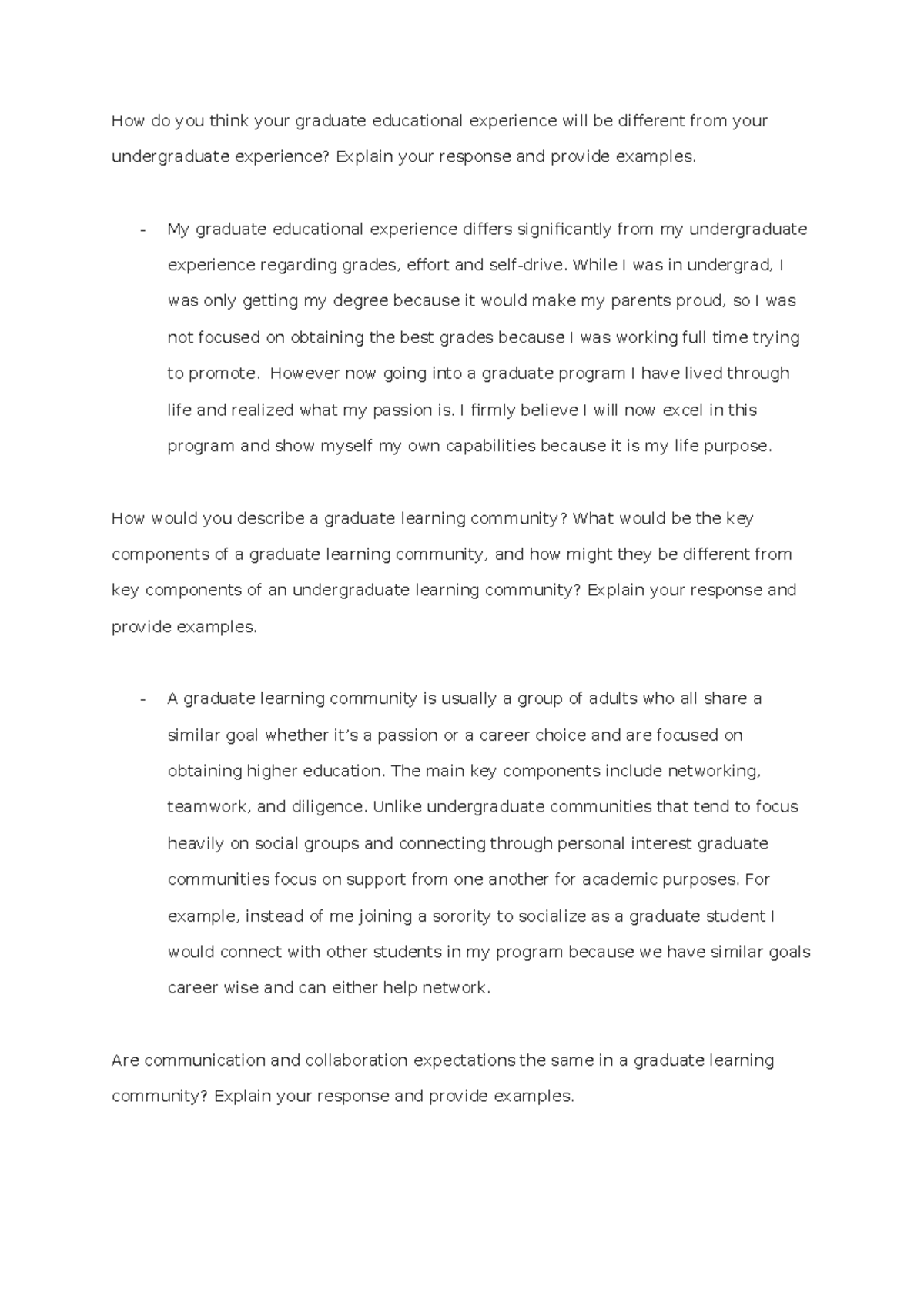 1-Comparing Graduate vs. Undergraduate Educational Experiences - Studocu