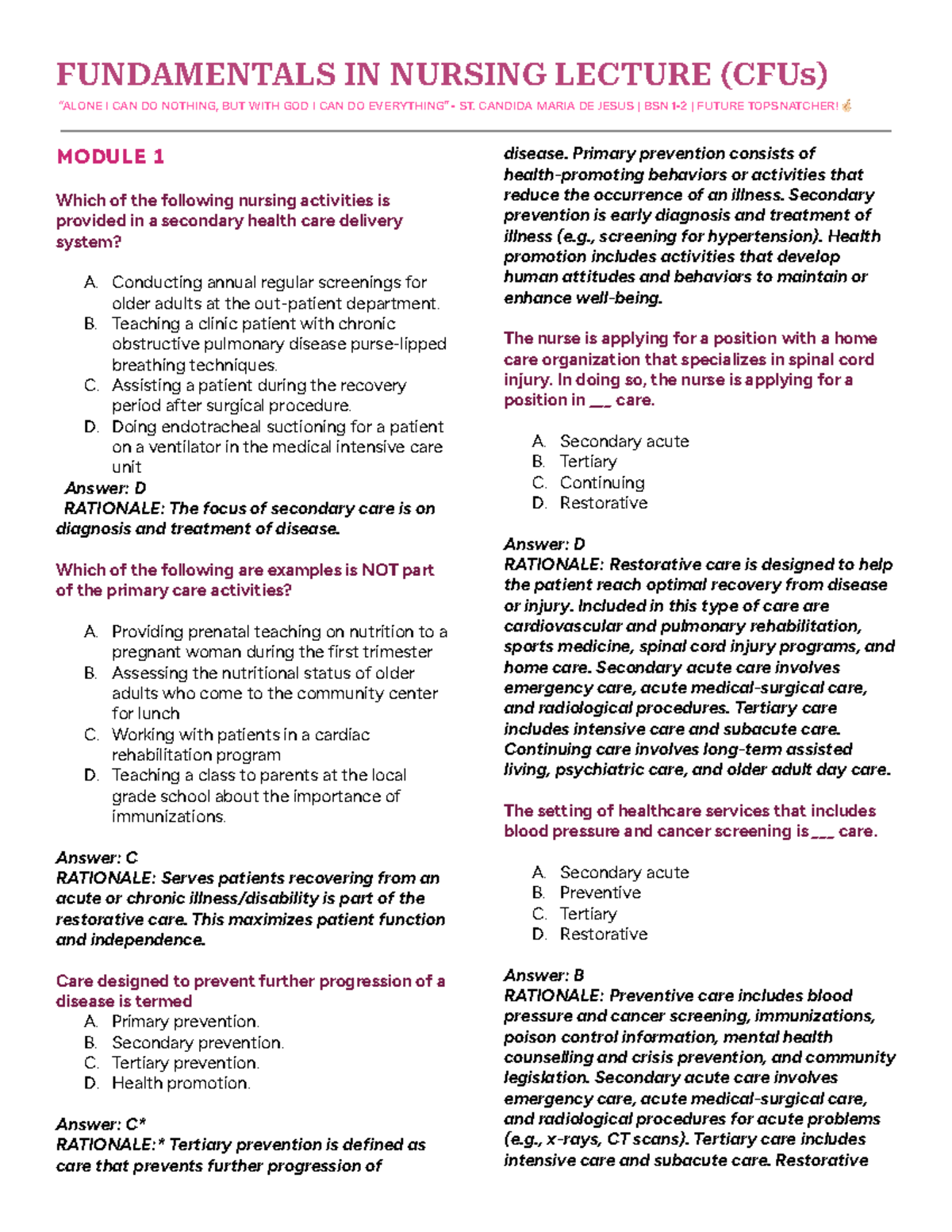 FUNDAMENTALS IN NURSING LECTURE (CFUs) MODULE 1: Key Concepts and Care ...