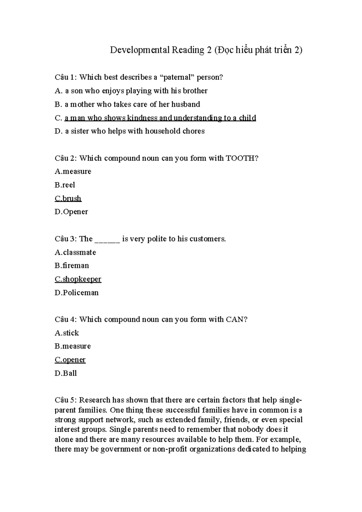 Developmental Reading 2 (Đọc hiểu phát triển 2) - Practice Questions ...