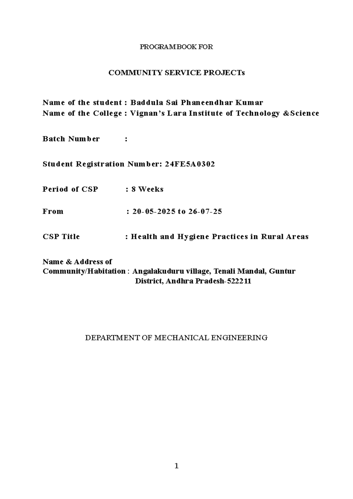 CSP Report: Health & Hygiene Practices in Rural Areas (MECH 24FE5A0302 ...