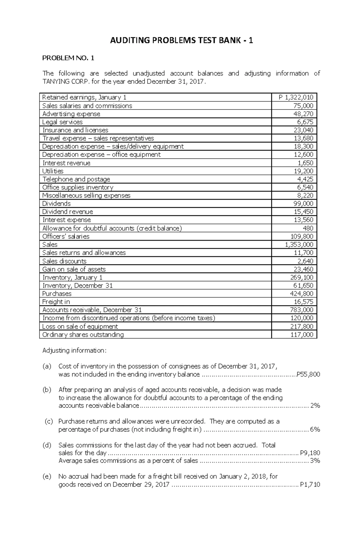 Audit of Investment 2 - Test banks - QUESTIONS Numbers 1 and 2 Agustin ...