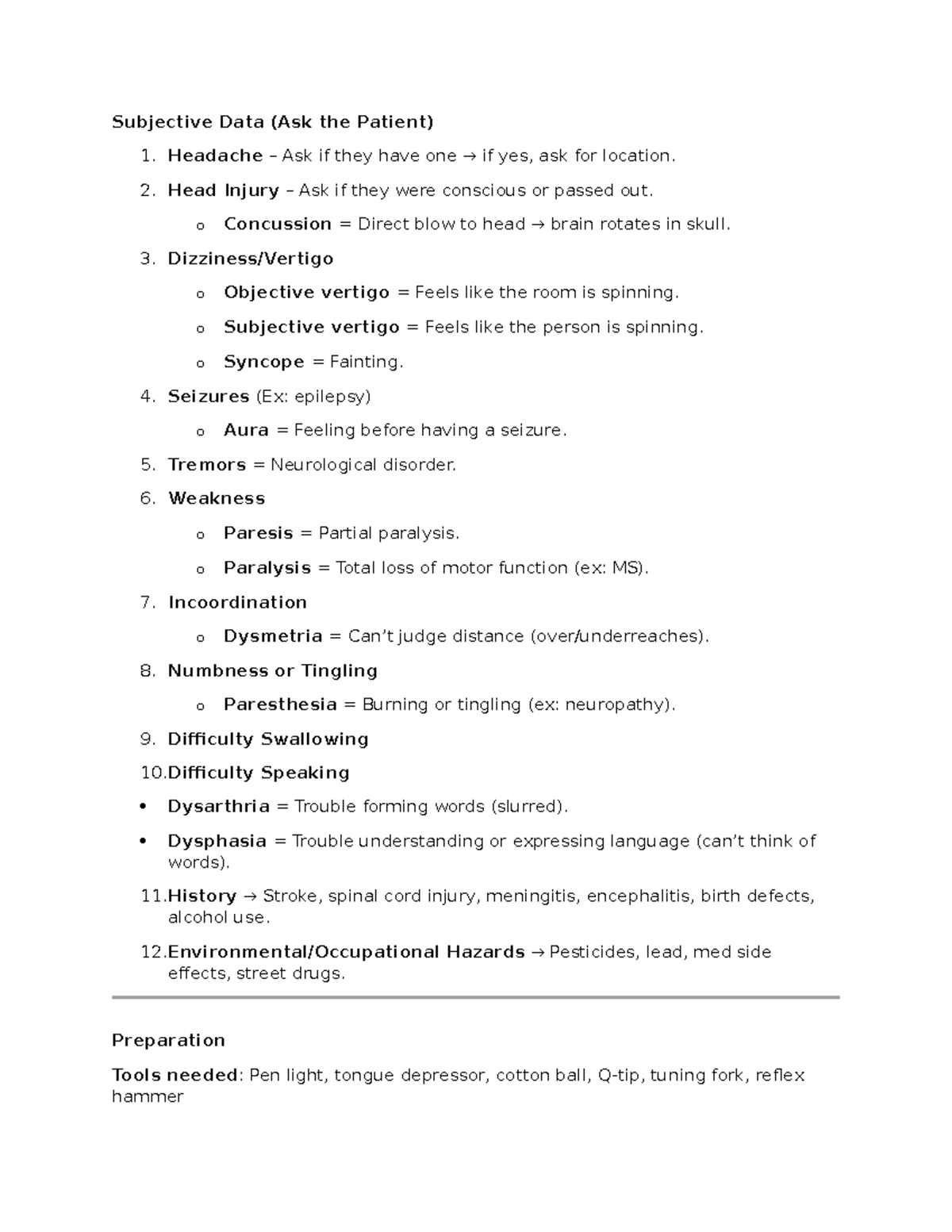 Health Asses Week 10 Neuro Prelim Studyguide - Subjective Data (Ask the ...
