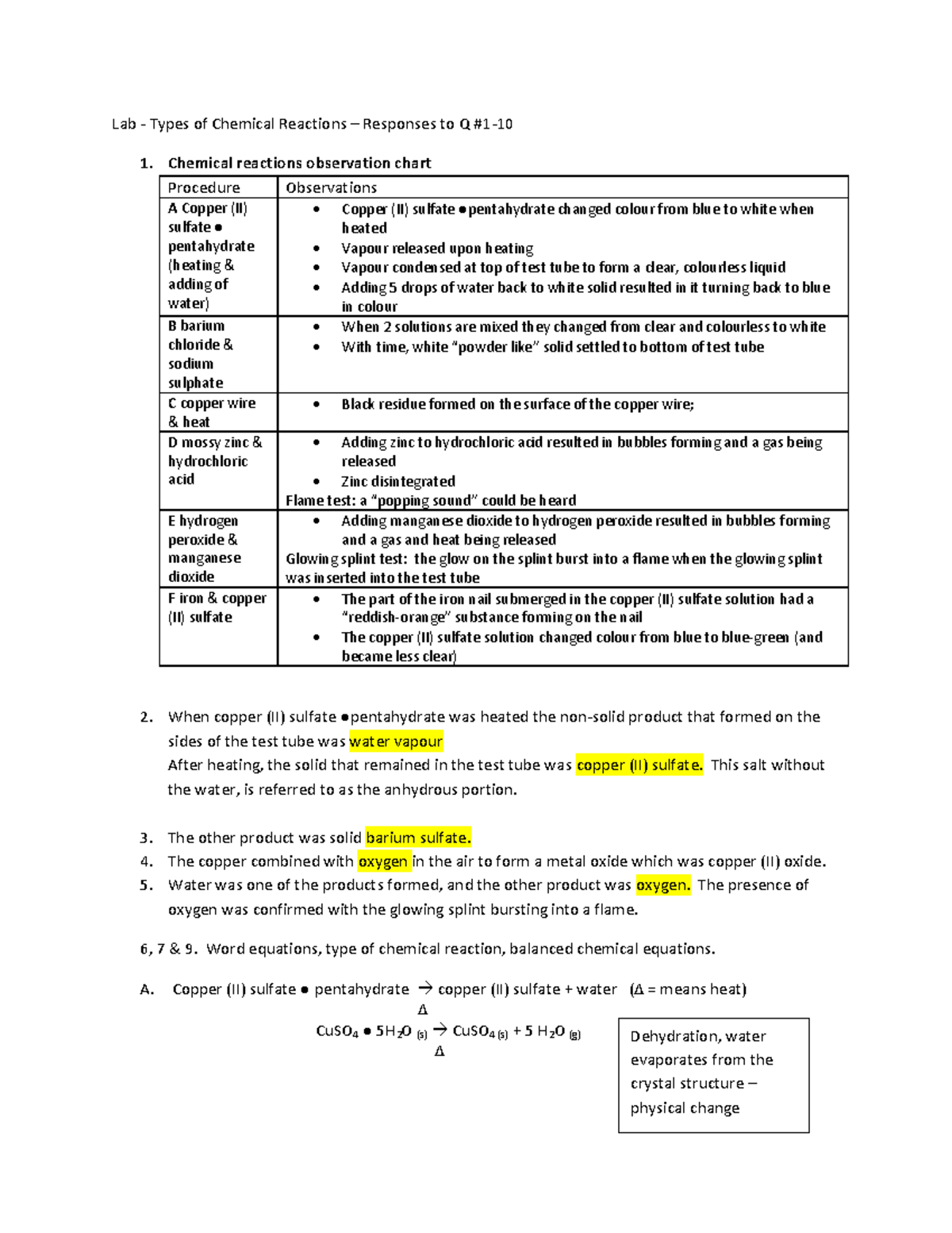 L6 Lab Types of Chemical Reactions: Observations & Answers - Studocu