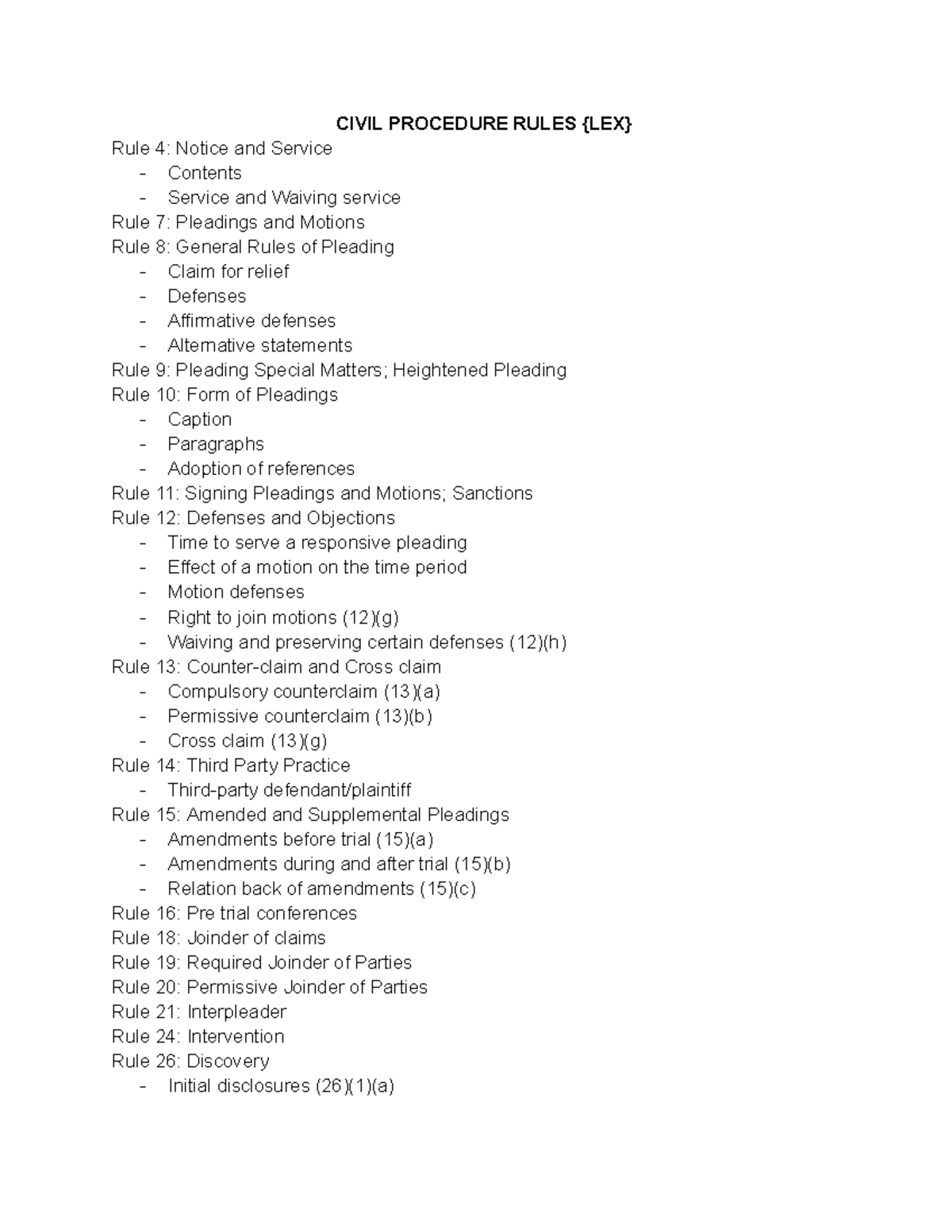 CIVIL PROCEDURE OUTLINE: Key Rules, Jurisdiction, and Pleading ...